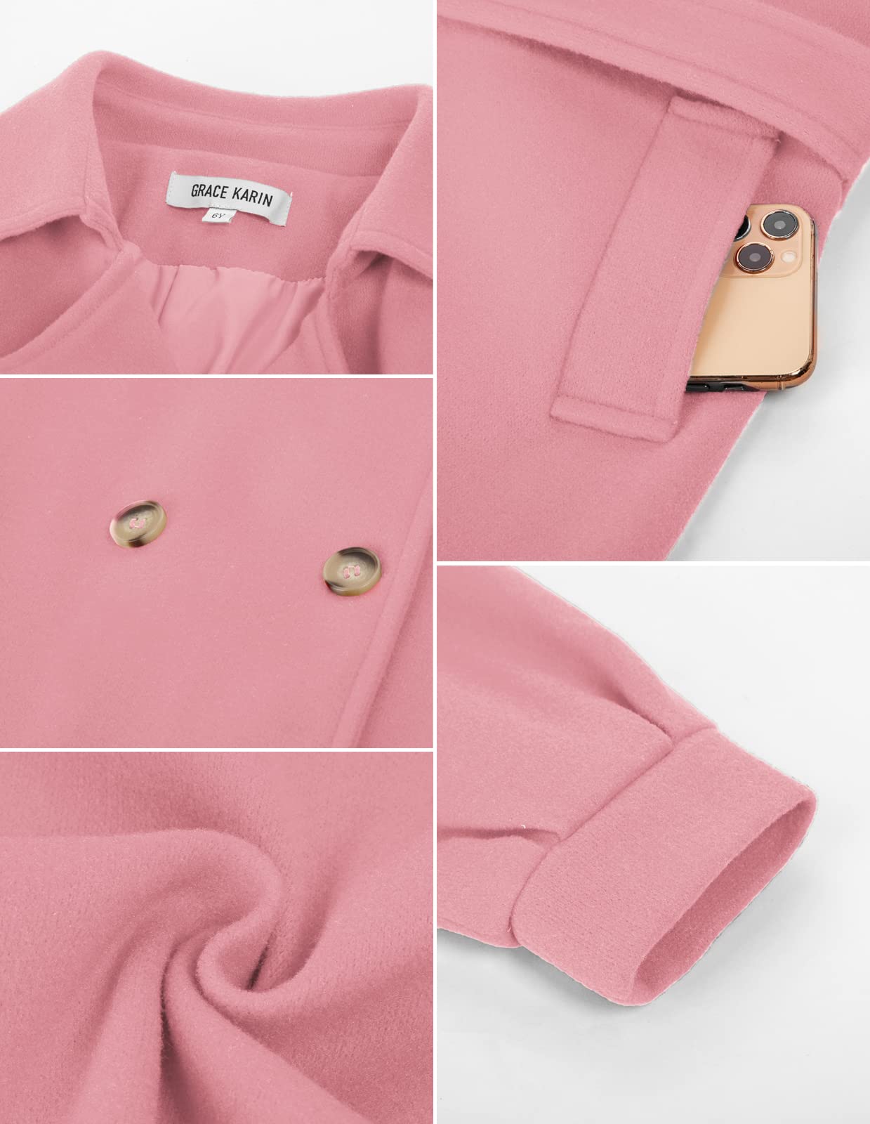 GRACE KARIN Girls Wool Blend Pea Coat Lapel Dress Coat Jackets with Pockets Belt Pink 12Y