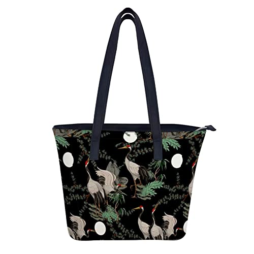 Japanese White Cranes Women's Tote Bag PU Leather Shoulder Bag Handbags Purse For Work Shopping Travel