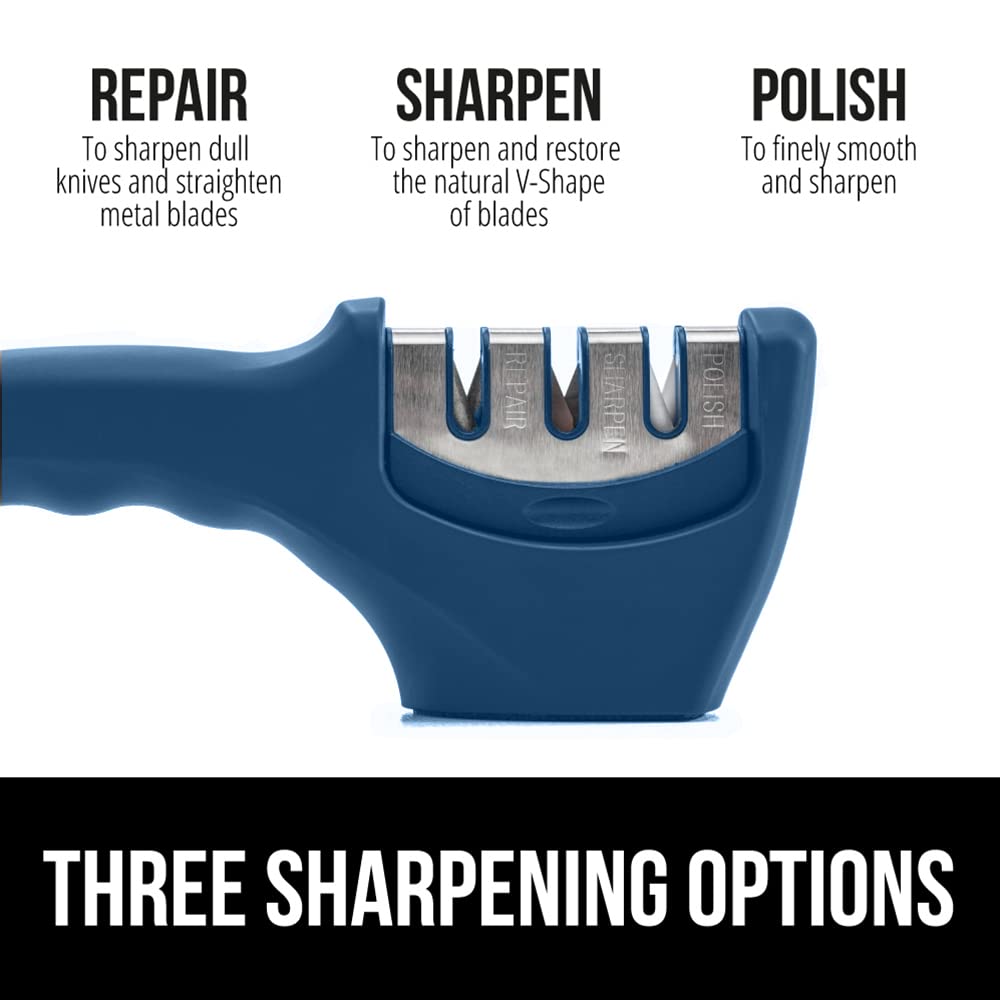 Gorilla Grip Easy to Use Knife Sharpener, 3 Sharpening Options to Help Polish, Sharpen and Repair Kitchen Knives, Restore Dull Blades, Slip Resistant Handle, Durable, Professional Chef Quality, Blue