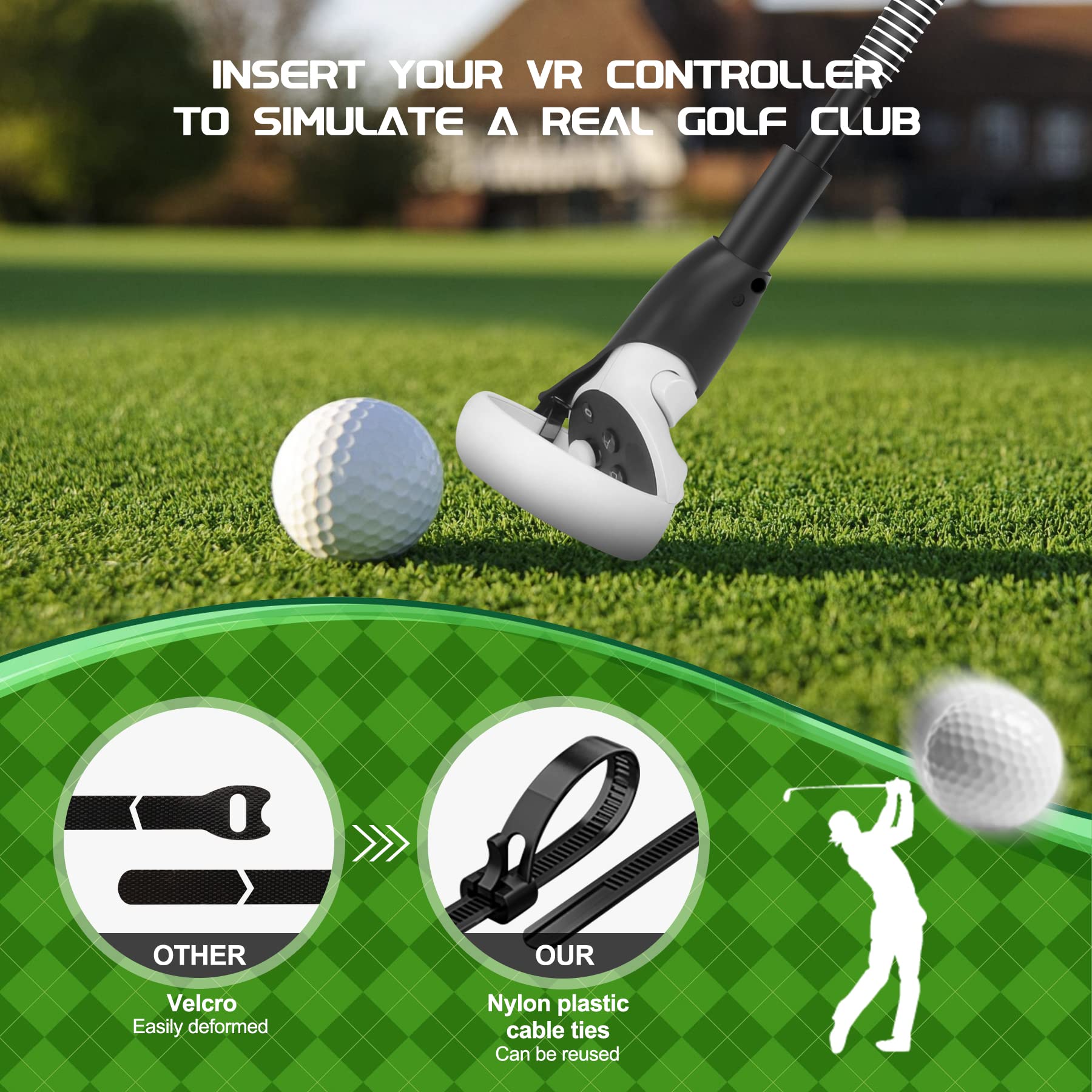 MASiKEN VR Extension Handle For Meta/Oculus Quest 2 Golf Club - Longer Controller Accessories With Real Golf Grip, Realism Waving Golf Adapter In VR Quest 2 Games (Right Controller)