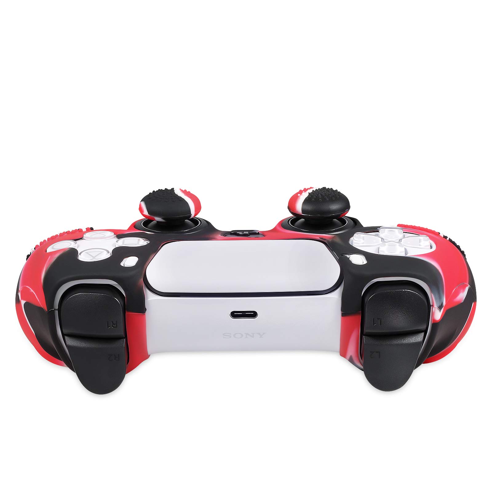 HJYuan PS5 DualSense Controller Skin 2 Pack - PS5 Controller Case Silicone Grip for Playstation 5 DualSense Controller (Controller Skin x 2 + FPS PRO Thumb Grips x 10) (Black and Camouflage Red)