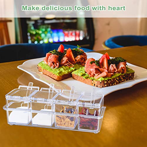 SHAIDOJIO Clear Seasoning Box, 4 Piece Seasoning Rack Spice Pots, Plastic Storage Container Condiment Jars with Lids and Spoon, Kitchen Organization Containers for Spice, Salt, Sugar, Cruet