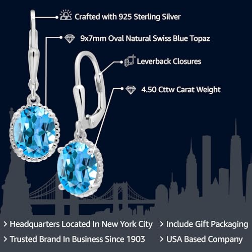 Gem Stone King 925 Sterling Silver Swiss Blue Topaz Leverback Dangle Earrings For Women (4.50 Cttw, Gemstone November Birthstone, Oval 9X7MM)