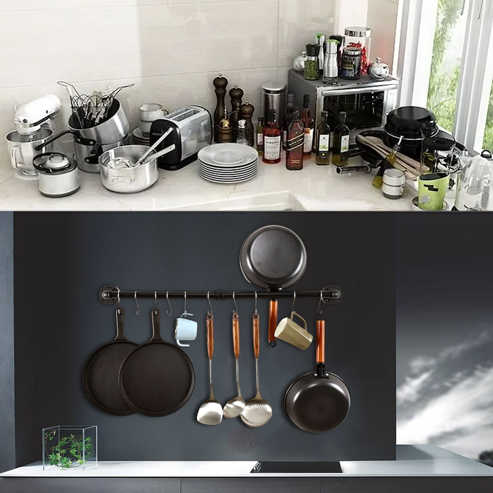 HOEMLIM Pipe Pot Pan Rack Wall Mounted Industrial Utensil Lid Holder Cookware Hanger Kitchen Organizer Hanging Bar Rail with S Hooks(36 inch,Black)
