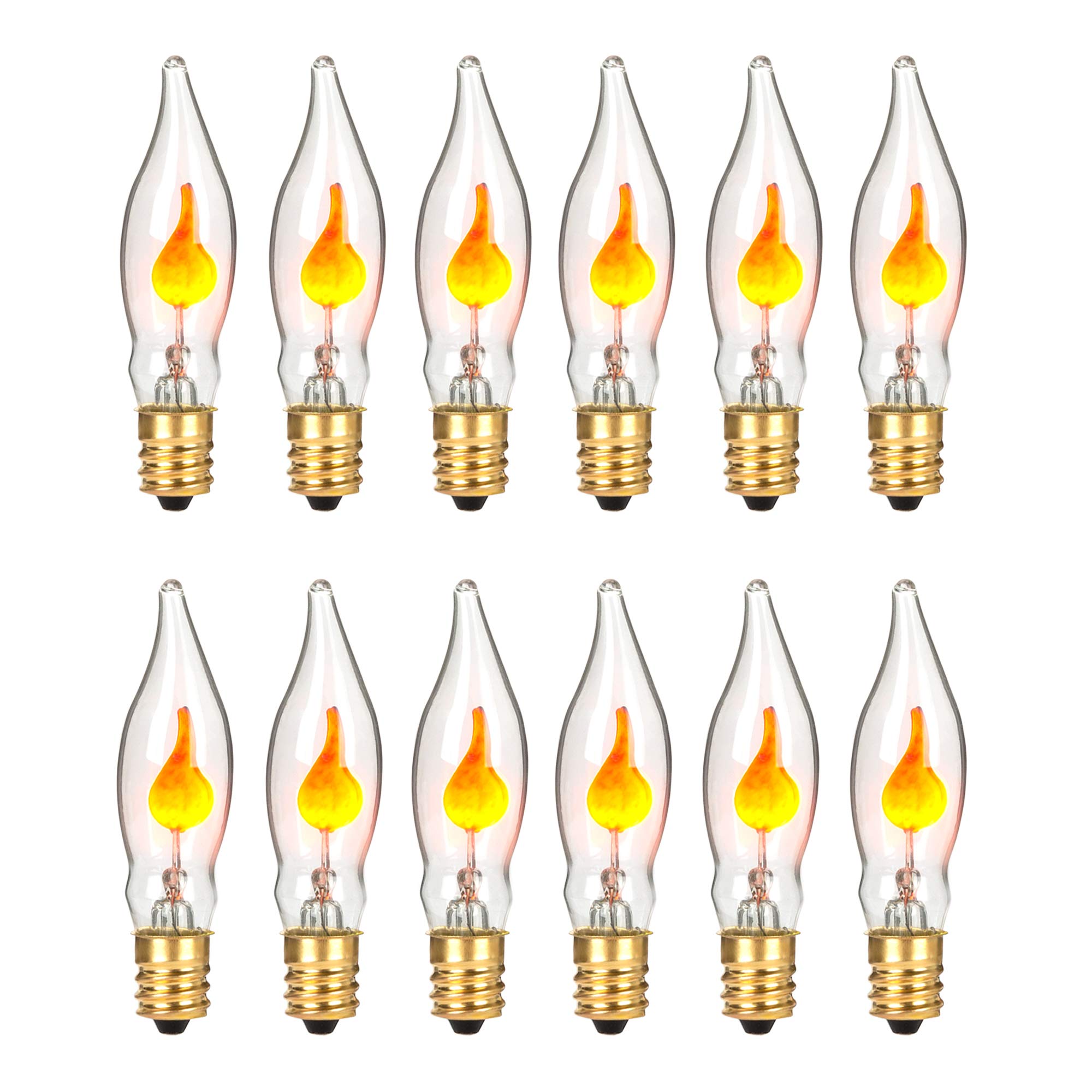 haraqi 12 Pack C18 Flicker Flame Light Bulbs,Flickering Flame Shaped E12 Base 3 Watt Bulbs for String Light