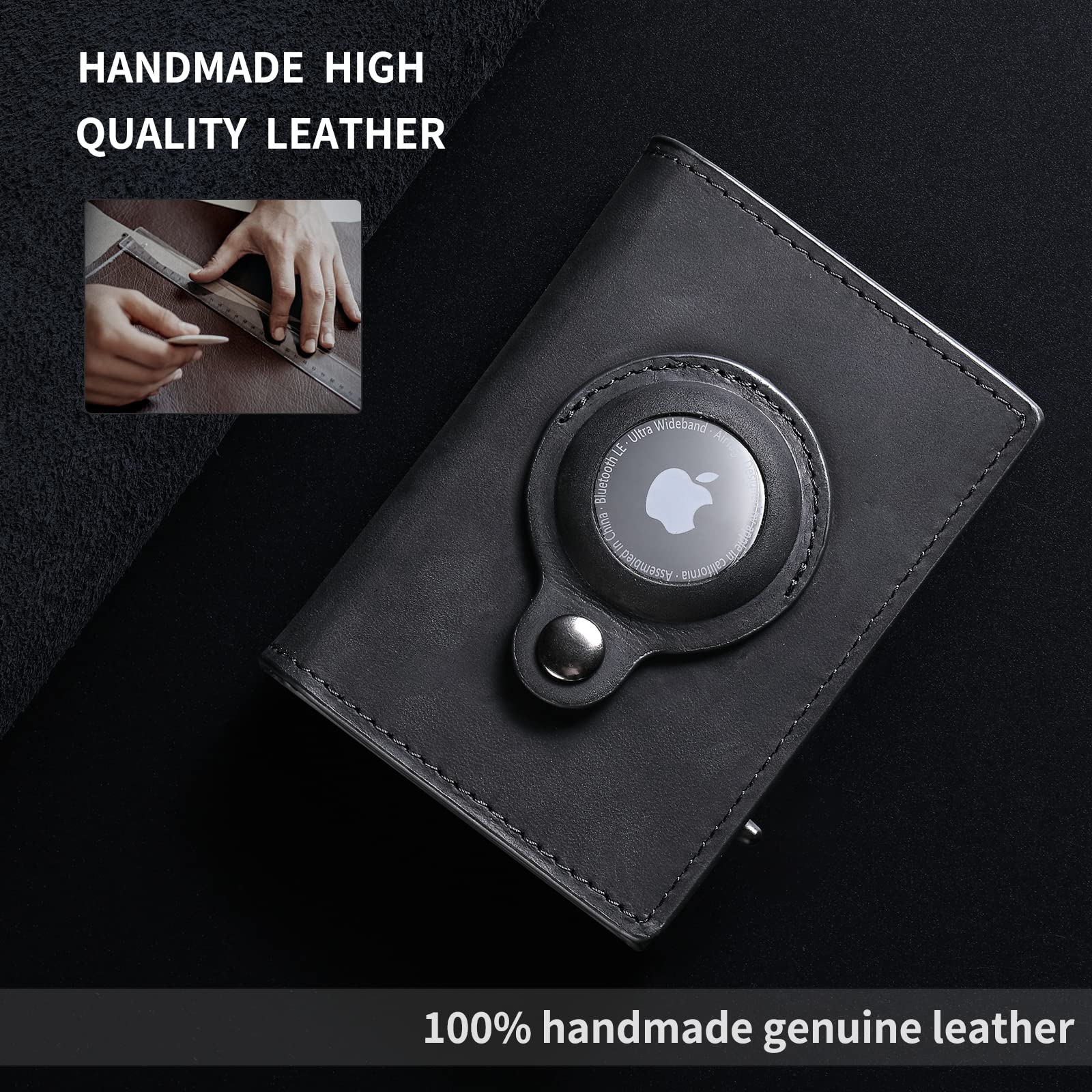 Leaov AirTag Wallet RFID Blocking Pop Up Wallet Credit Card Holder for Apple AirTag,Genuine Leather Simple AirTag Wallet(AirTag not included) Black