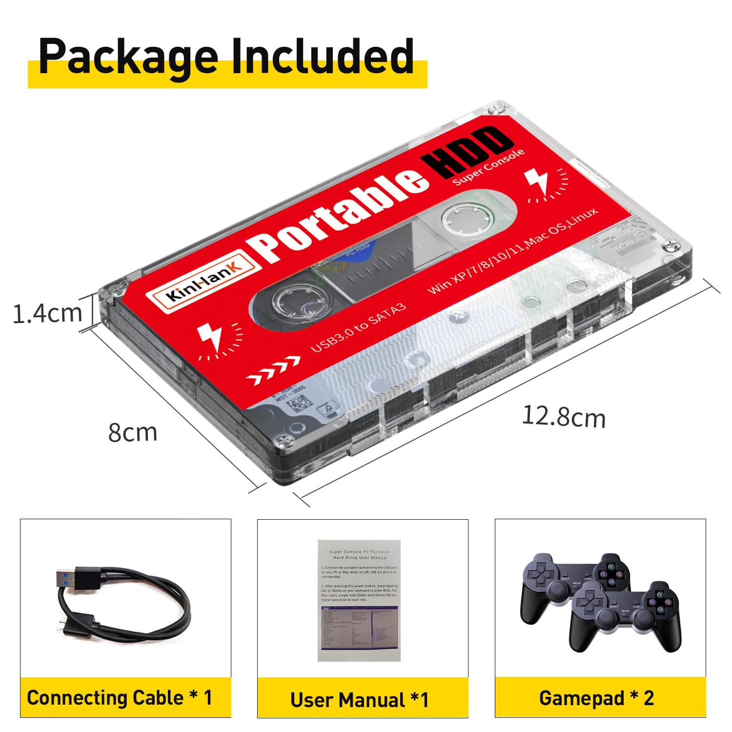Kinhank 2TB External Hard Drive,Retro Game Console with 120000+Games,Retro Game Console HDD,Batocera 33 Game System for Laptop/PC/Windows/Mac OS,Compatible with Most Emulators,2 Controllers,USB 3.0
