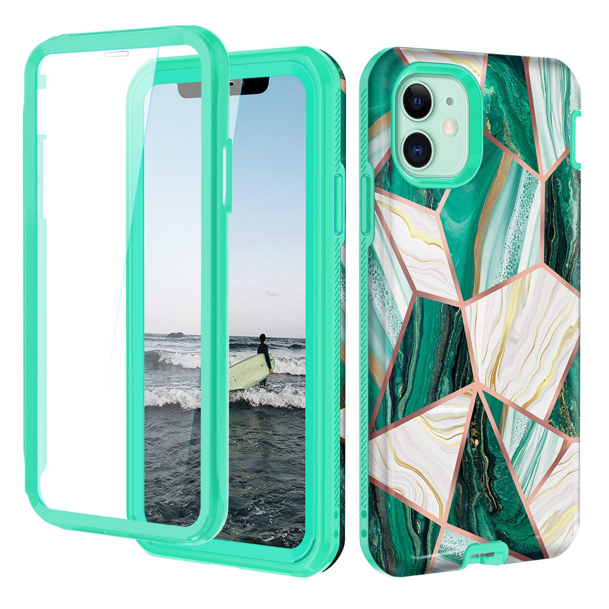 Hekodonk for iPhone 11 Case Built in Screen Protector Heavy Duty High Impact Hard PC TPU Bumper Full Body Protective Shockproof Anti-Scratch Cover for Apple iPhone 11-Marble Mint