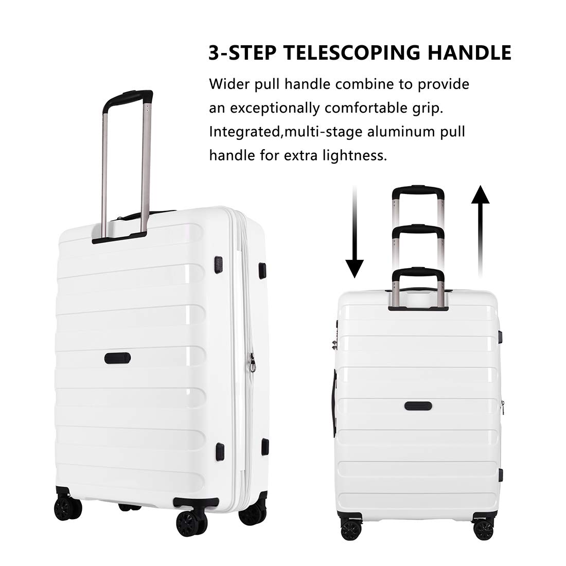 GinzaTravel 3-piece set white color luggage with scratch-resistant PP material, expandable((all 20 24 28), Super light, thickened, large-capacity double seal suitcase