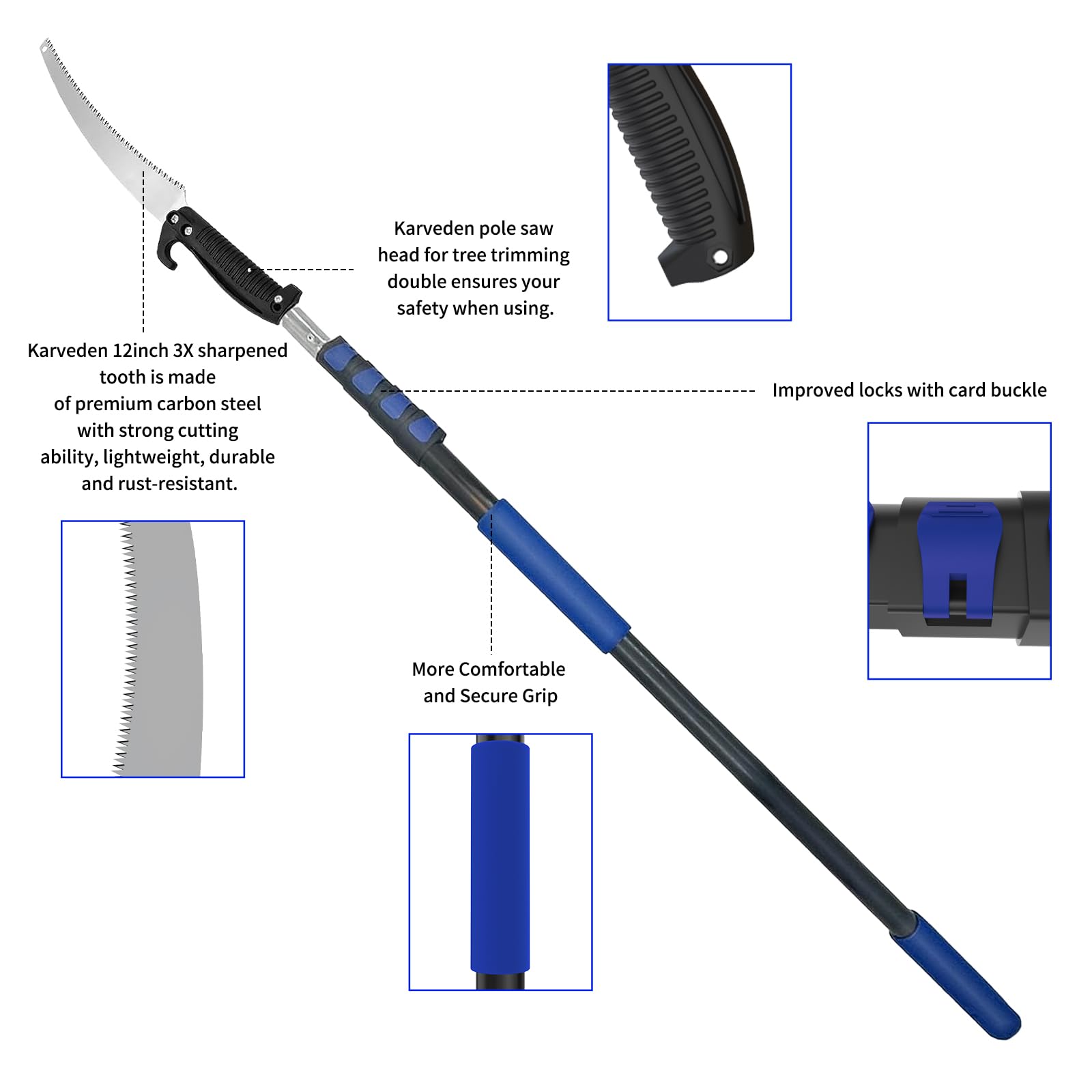 Karveden Pole Saw - 20 FT Telescoping Extension Pole Saws for Tree Trimming with 5FT-20FT Telescoping Pole, Anti-slip Handle, 19" 3X Detachable Saw for Tree Trimming, Camping, Manual Pruning Pole Saw