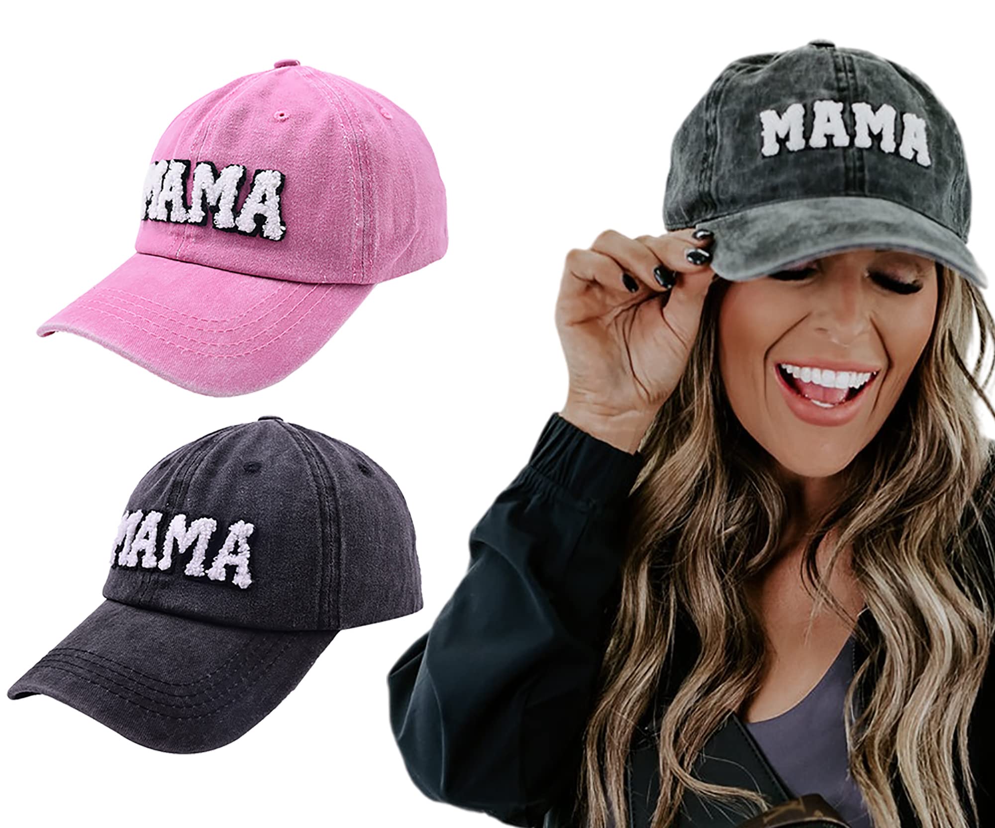 Mama Hat Women's Baseball Cap Adjustable Distressed Vintage Dad Hat Chenille Embroidered Patch Hat