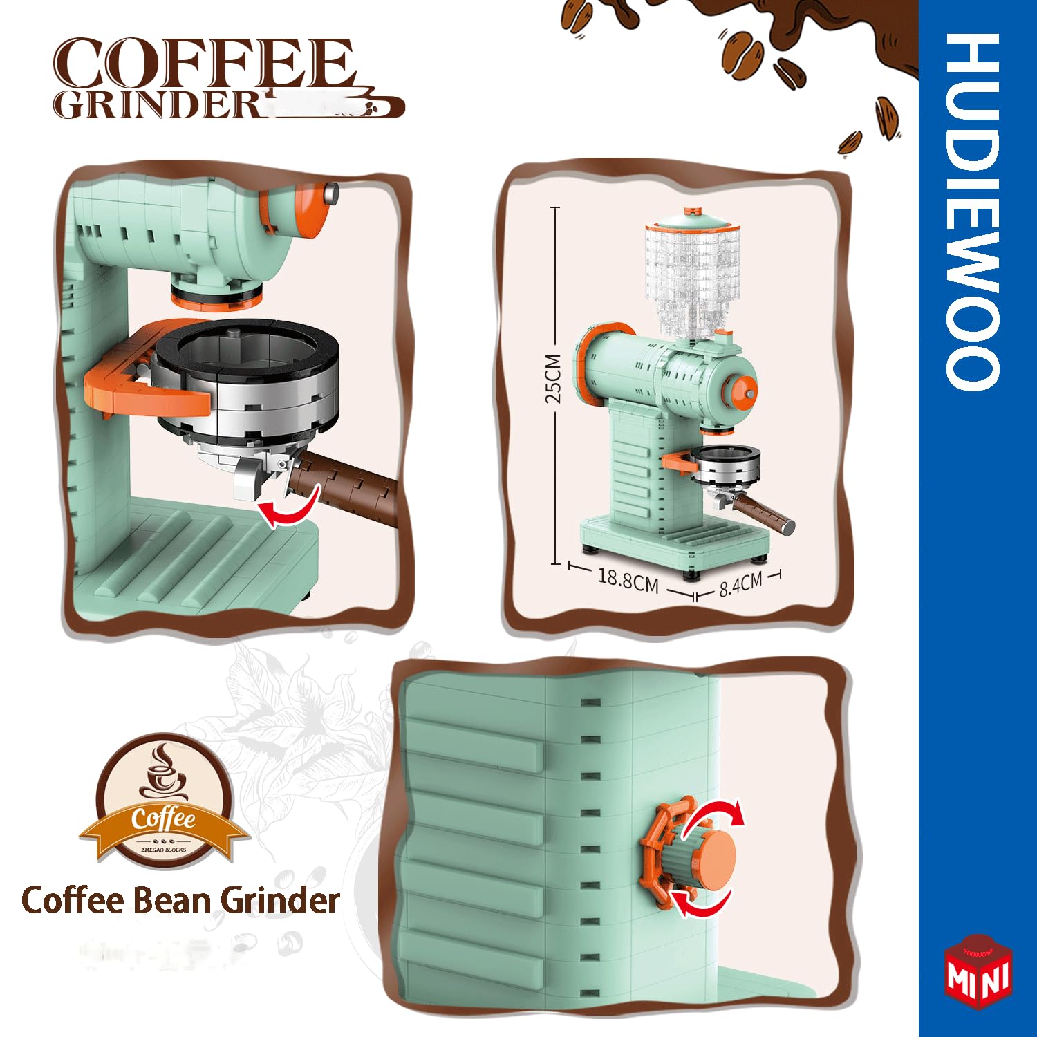 HUDIEWOO Coffee Grinder Building Set for Adults 715pcs: Cute Building Blocks Set for Couples, Display Collection for Home Décor Accessory, Creative Construction Gift Idea for Teens
