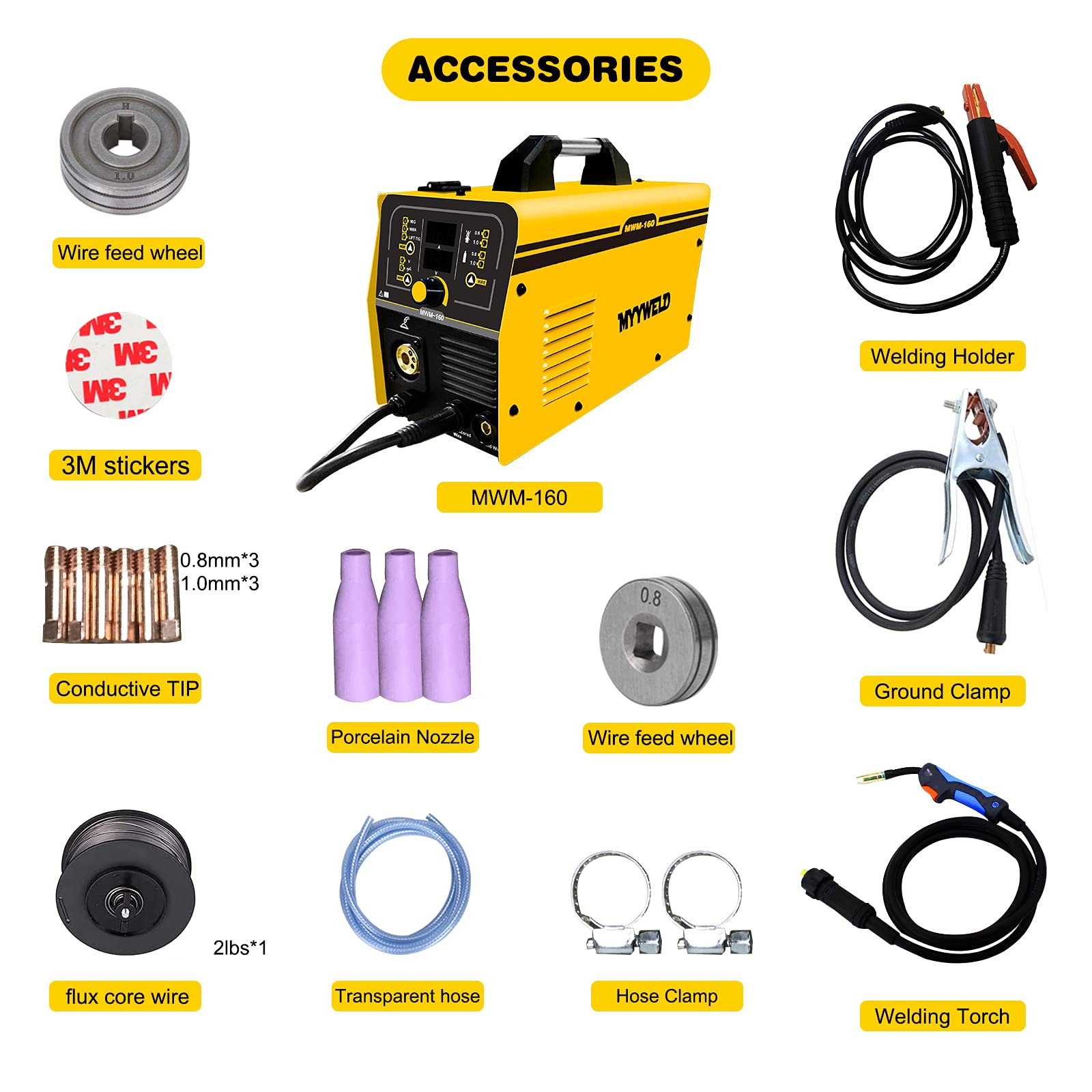 MYYWELD 160A MIG Welder, Gas/Gasless 4 in 1 Welding Machine Stick ARC/Flux MIG/Solid Wire/LIFT TIG Welder with IGBT Inverter,220V Flux Core Wire Welder