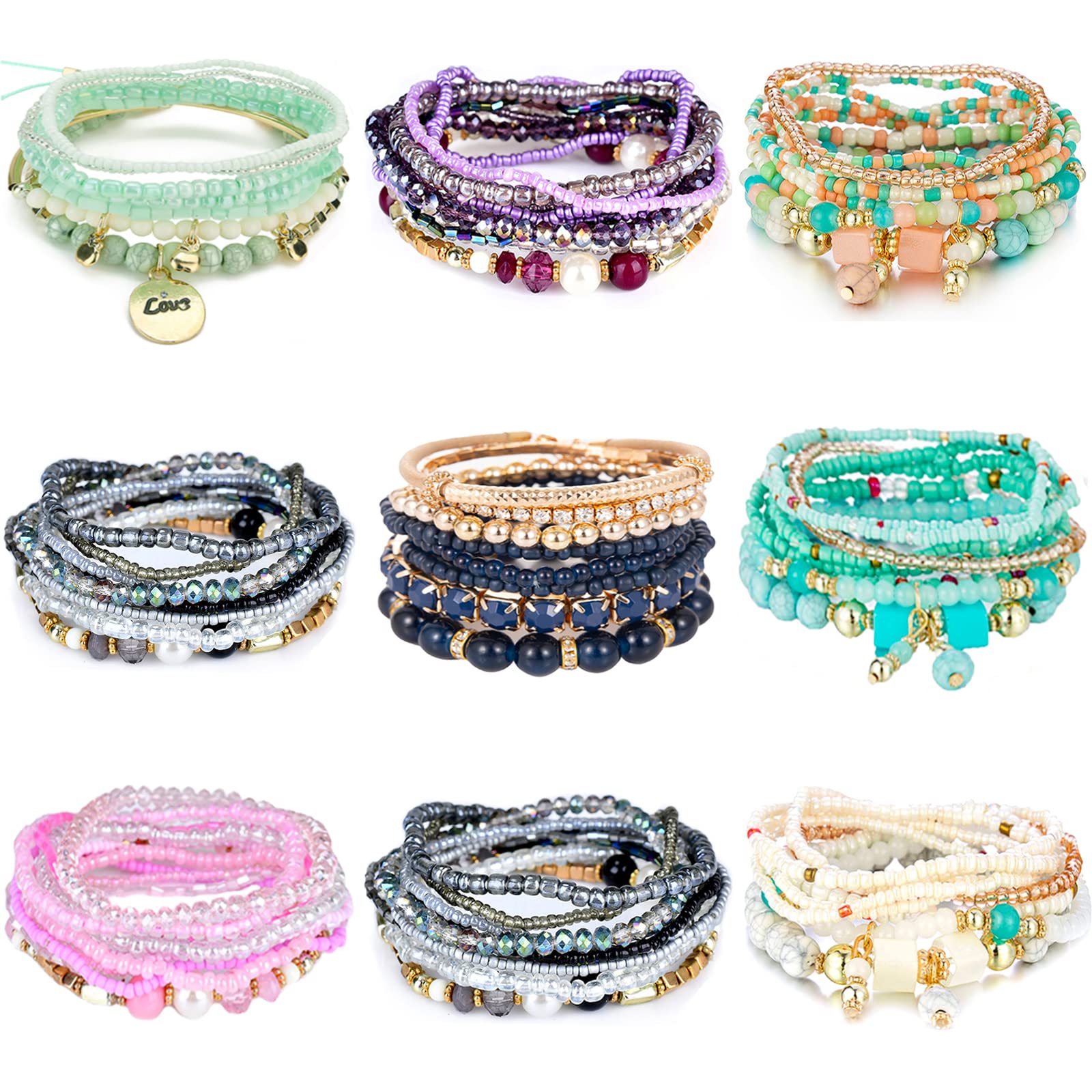 JEWPARK 6-9 Set Bohemian Stackable Bead Bracelets for Women Multilayered Stretch Bracelet Boho Acrylic Beaded Bracelet Statement Seed Beaded Bracelet 9S