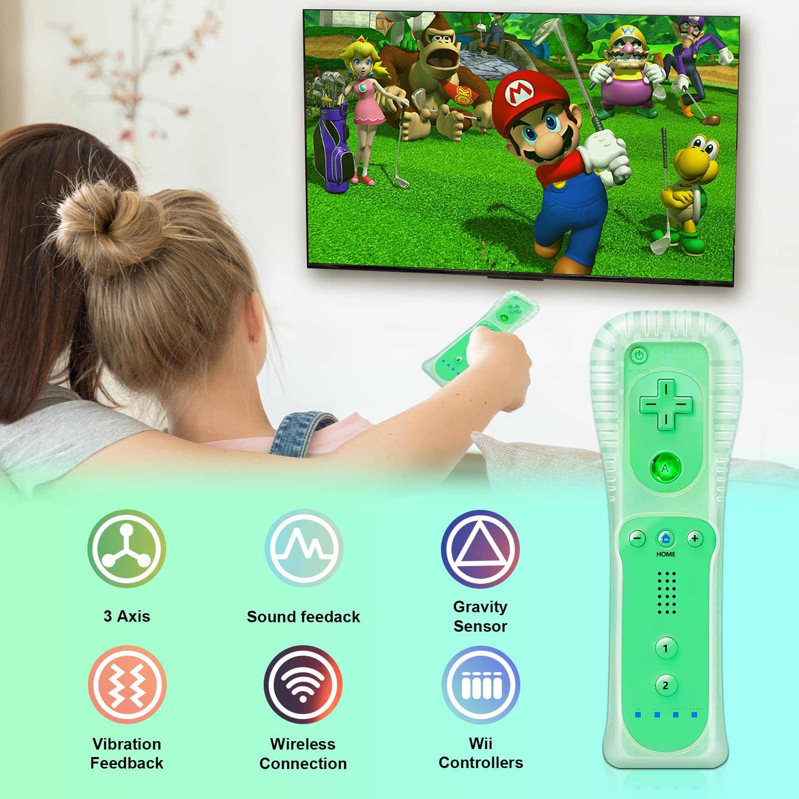 KDYGPDCT Wii Controller, 2 Pack Wii Remote, with Silicone Case and Wrist Strap, Compatible with Wii Console (Light Green and Ice Blue)