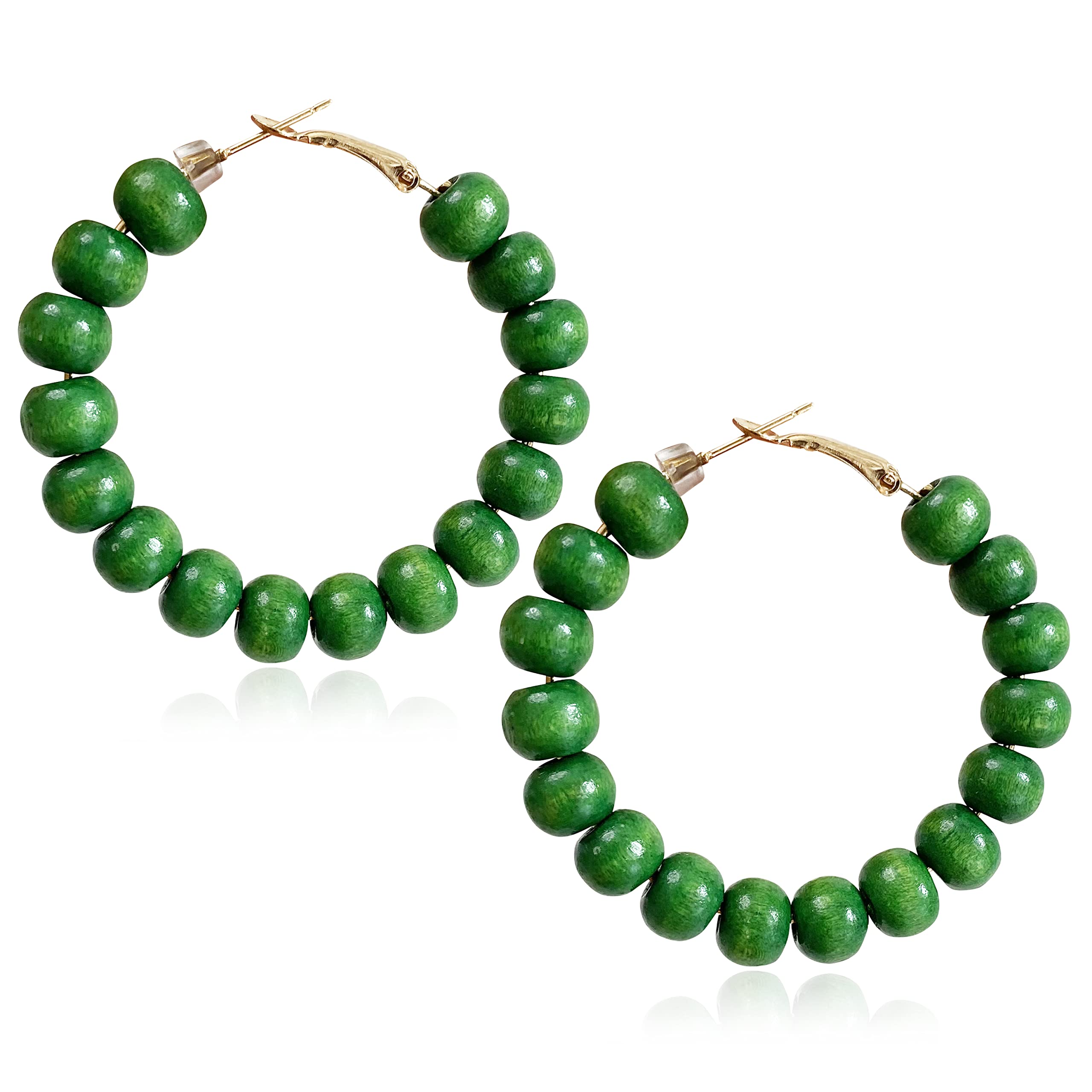 Handmade Nature Wooden Beaded Hoop Earrings Bohemian Minimalist Colorful Circle Round Wood Bead Earrings Vintage Chic Wooden Ethnic Dangle Drop Earrings for Women Statement Jewelry Gifts (Green)
