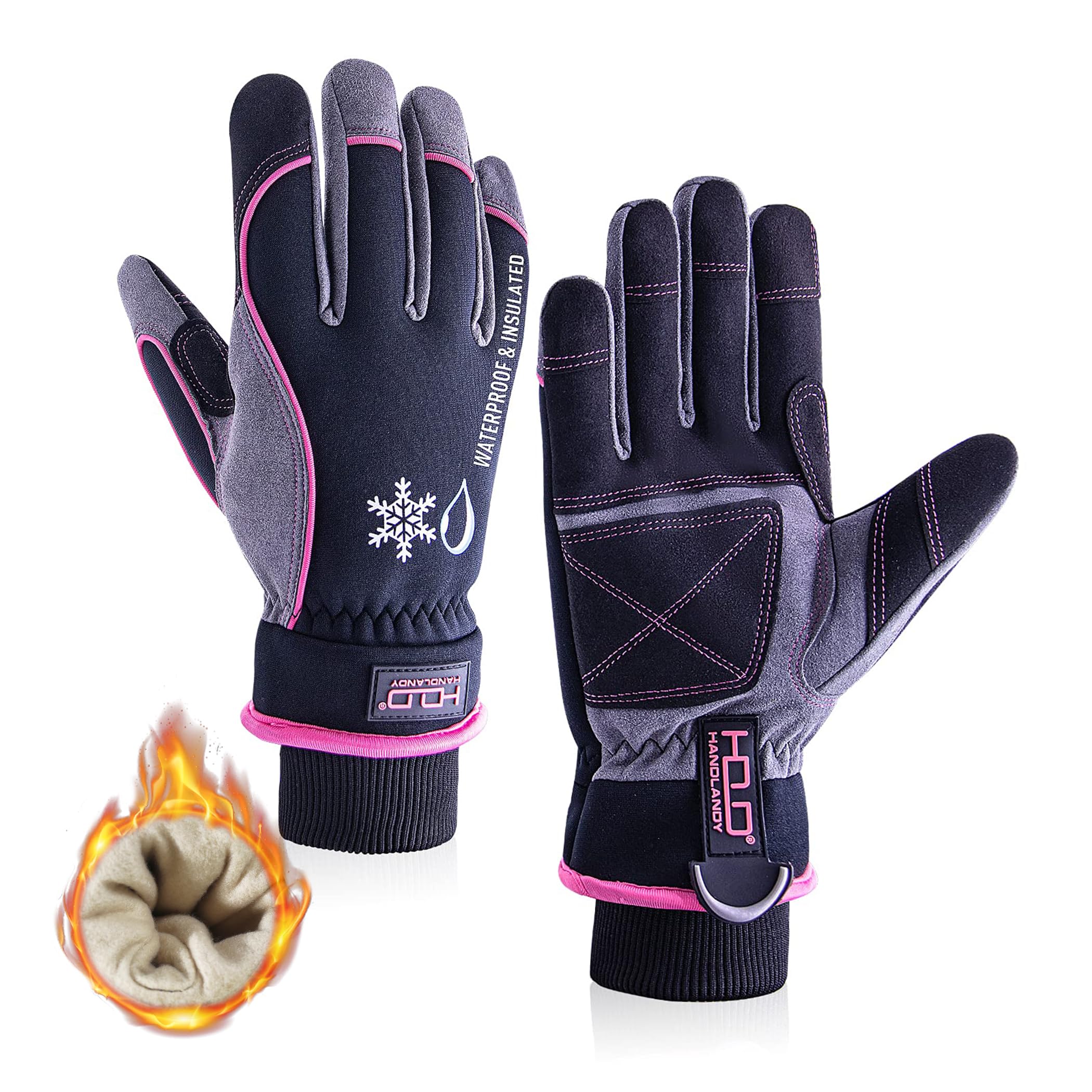 HLDD HANDLANDY Waterproof & Windproof Winter Gloves for Women, Touchscreen Thermal Gloves for Cold Weather, Ski Snowboard Work Gloves with 3M Warm Lining (S, Pink)