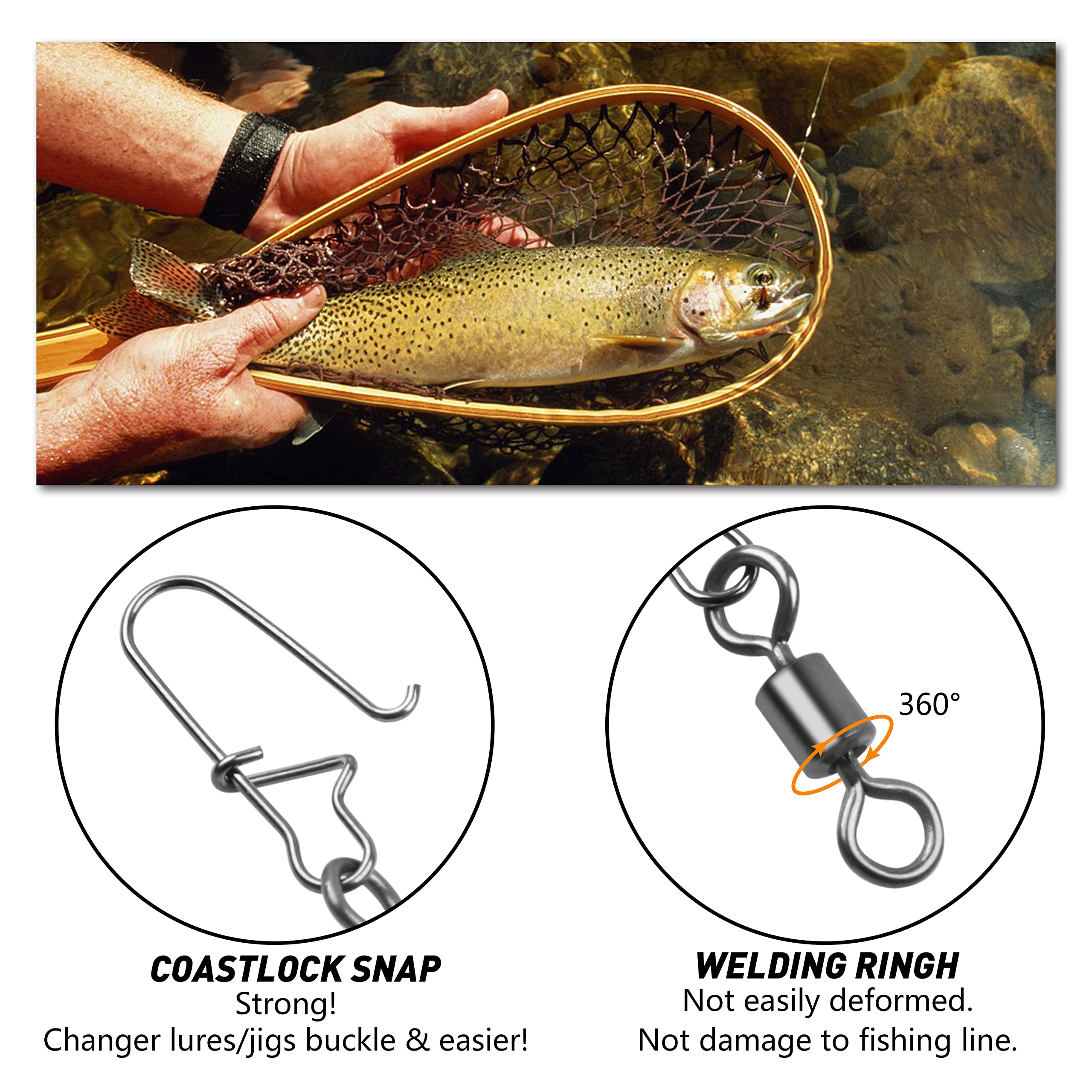 JOGFFDE Fishing Rolling Swivels Snaps Kit,70PCS High-Strength Fishing Swivels with Nice Snaps Lure Line Connector Fishing Tackle Box