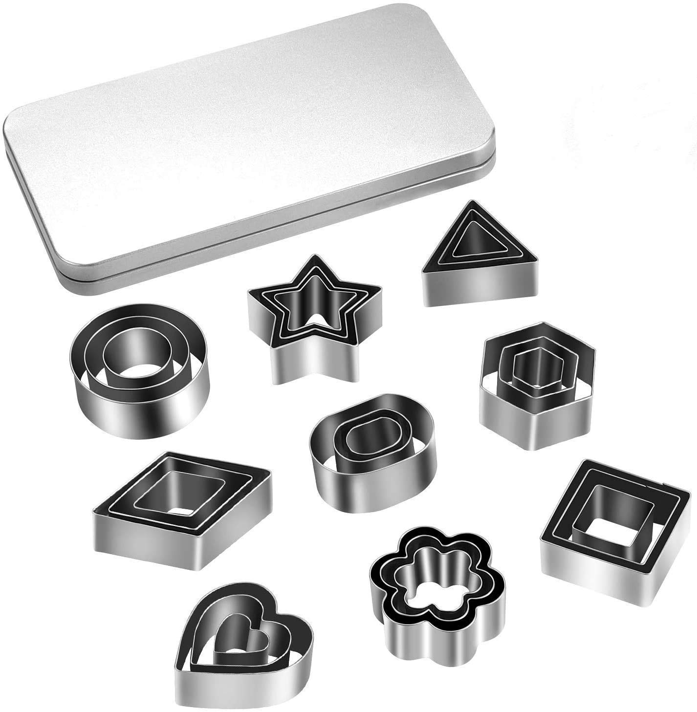 KSPOWWIN 27PCS Mini Cookie Cutters, Geometric Shapes Metal Cookie Biscuit Cutter Set, Star Flower Hexagon Round Heart Square Triangle Oval Stainless Steel Cutter for Baking