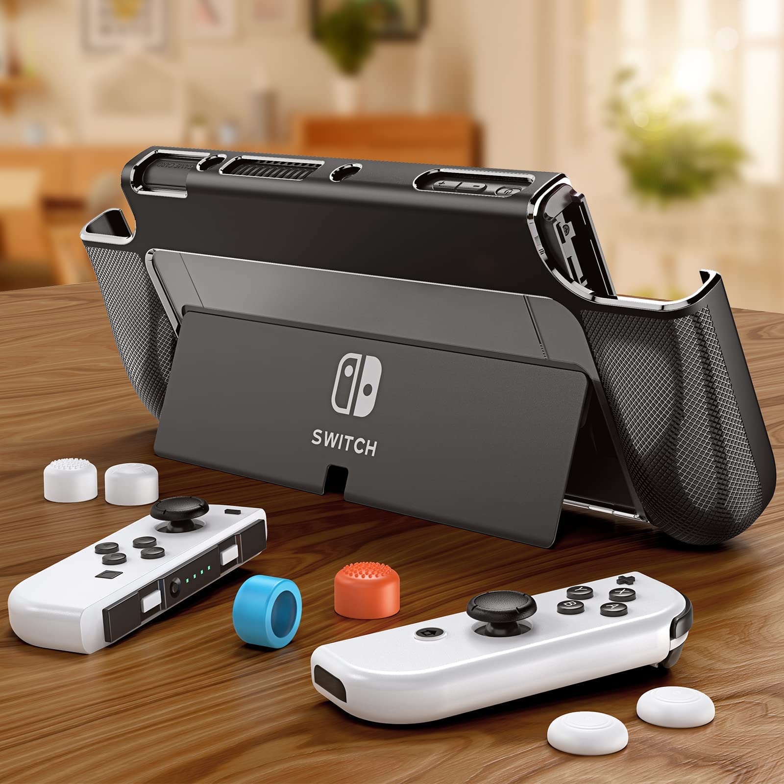 HEYSTOP Switch OLED Case Dockable Compatible with Nintendo Switch OLED Model 2021, TPU Protective Case for Nintendo Switch OLED Model with Game Card Slots and 6 Pcs Thumb Grips