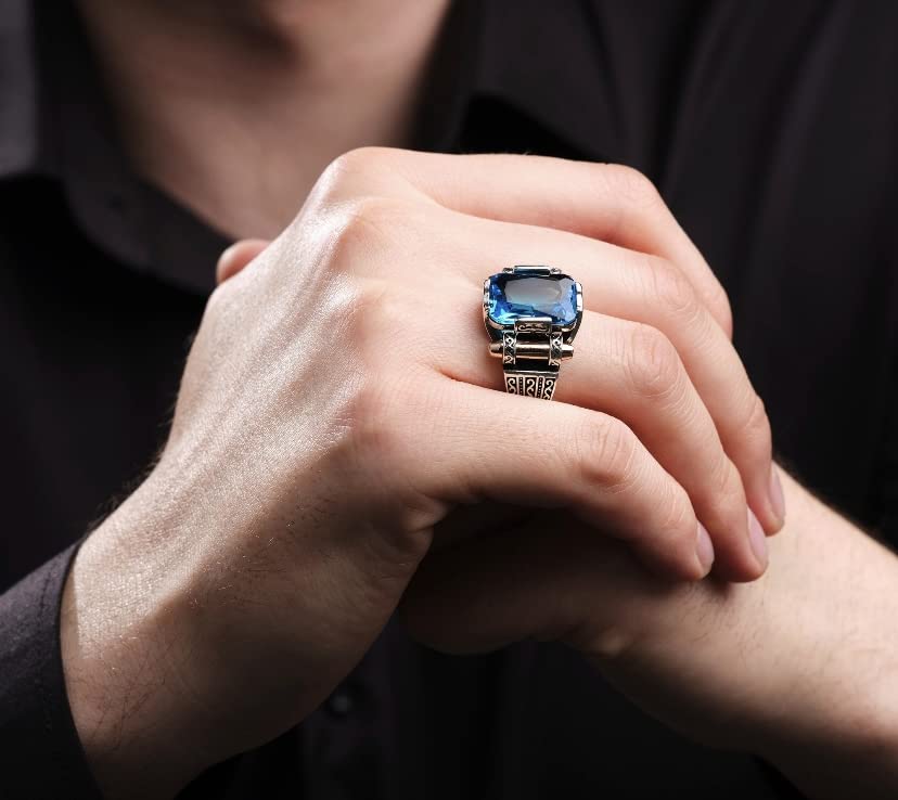 Man Silver Aquamarine Stone Ring, Blue Aquamarine Stone Ring, Vintage Men Ring, Turkısh Ottoman Men Ring, 925k Sterling Silver Ring