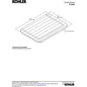 KOHLER K-3294-NA Hardwood Cutting Board, Fits 15-3/4-Inch Front-To-Back Basin, Brown - 84612