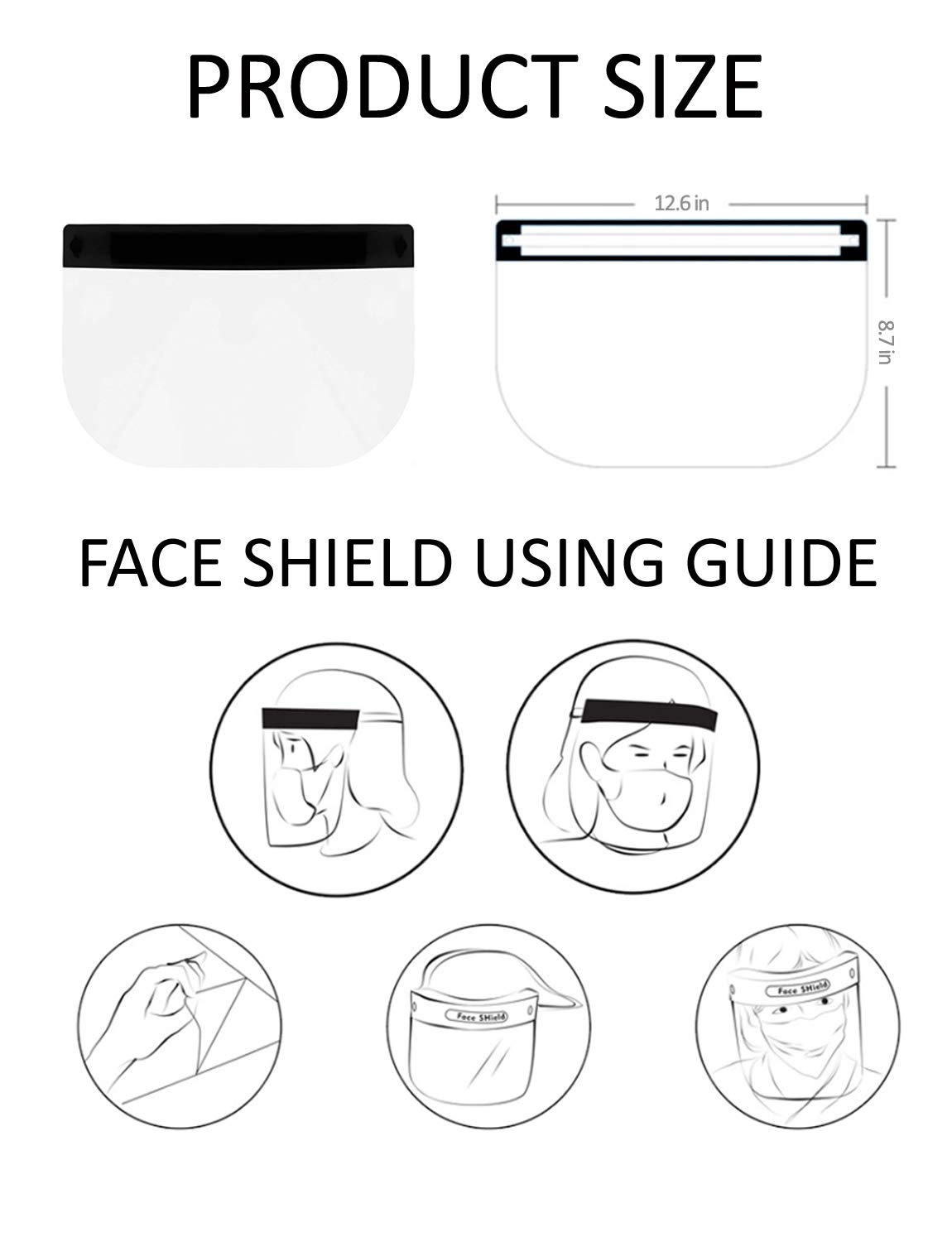 HUHETA Safety Face Shields 10 Pack, Protective Face Shield Mask with Clear Wide Visor, Lightweight Transparent Dustproof Windproof Full Face Shield, Elastic Band for Women Men with 2 Protective Films