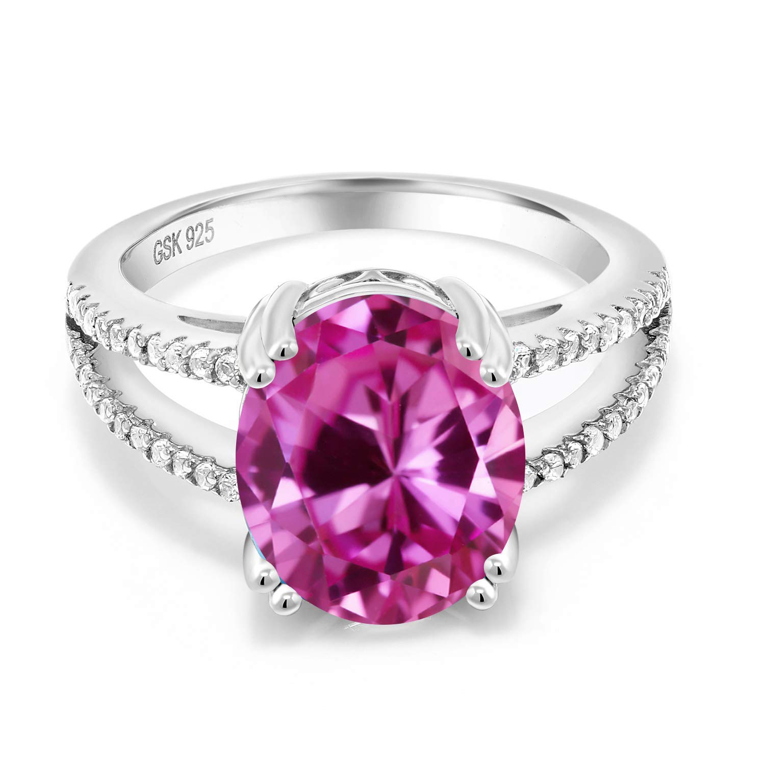 Gem Stone King 925 Sterling Silver Pink Created Sapphire Ring For Women (6.48 Cttw, Oval 12X10MM, Gemstone September Birthstone, Available In Size 5, 6, 7, 8, 9)
