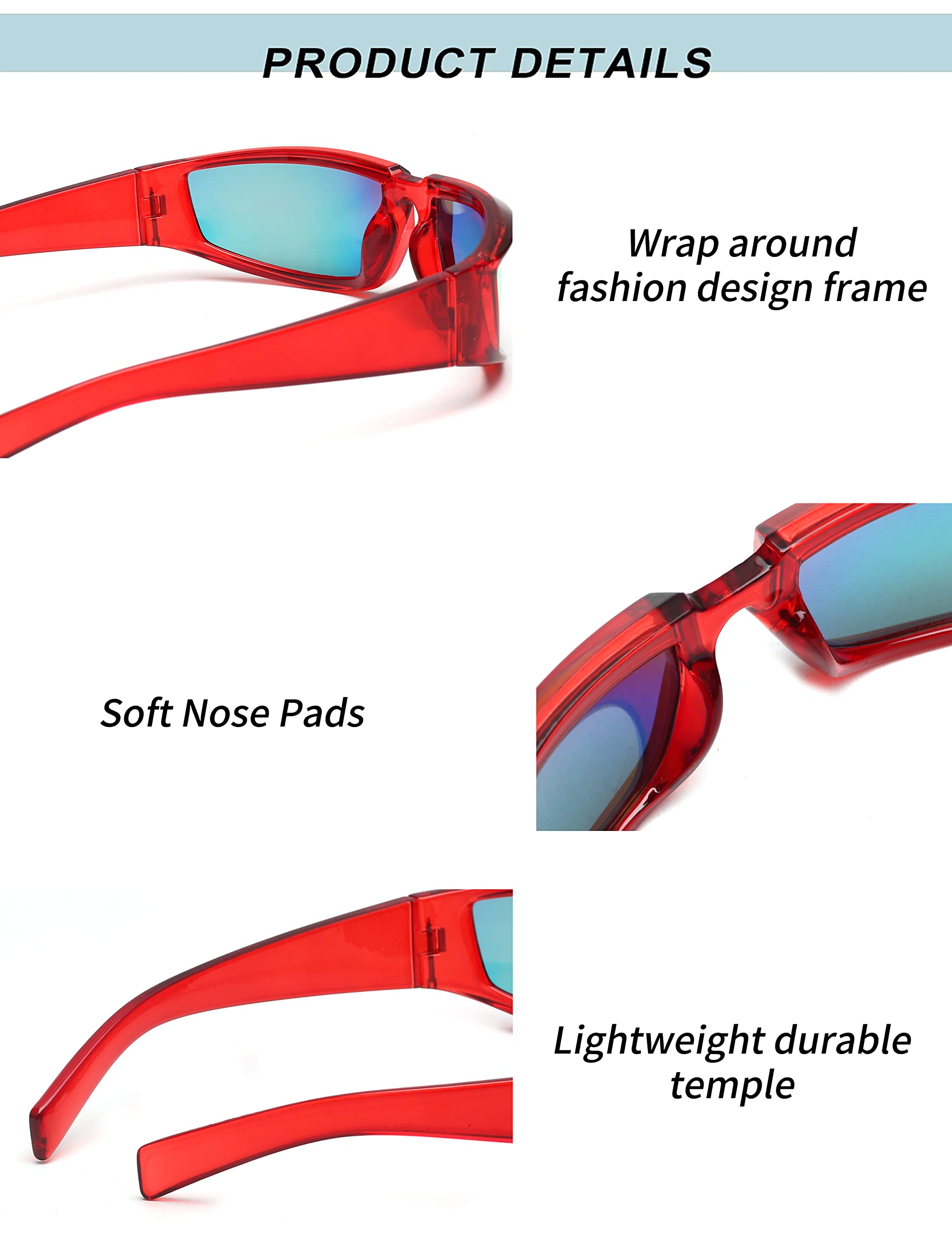 JM Wrap Around Y2K Sunglasses for Men Women Trendy Rectangle Futuristic Sports Shades Red/Red