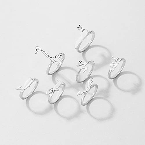 HUJUON 7Pcs Cute Animal Knuckle Rings Set,Silver Snake Snails Finger Ring,Bat Giraffe Multiple Rings,Pet Dog Stackable Midi Joint Rings for Women Girls (Silver 7Pcs)