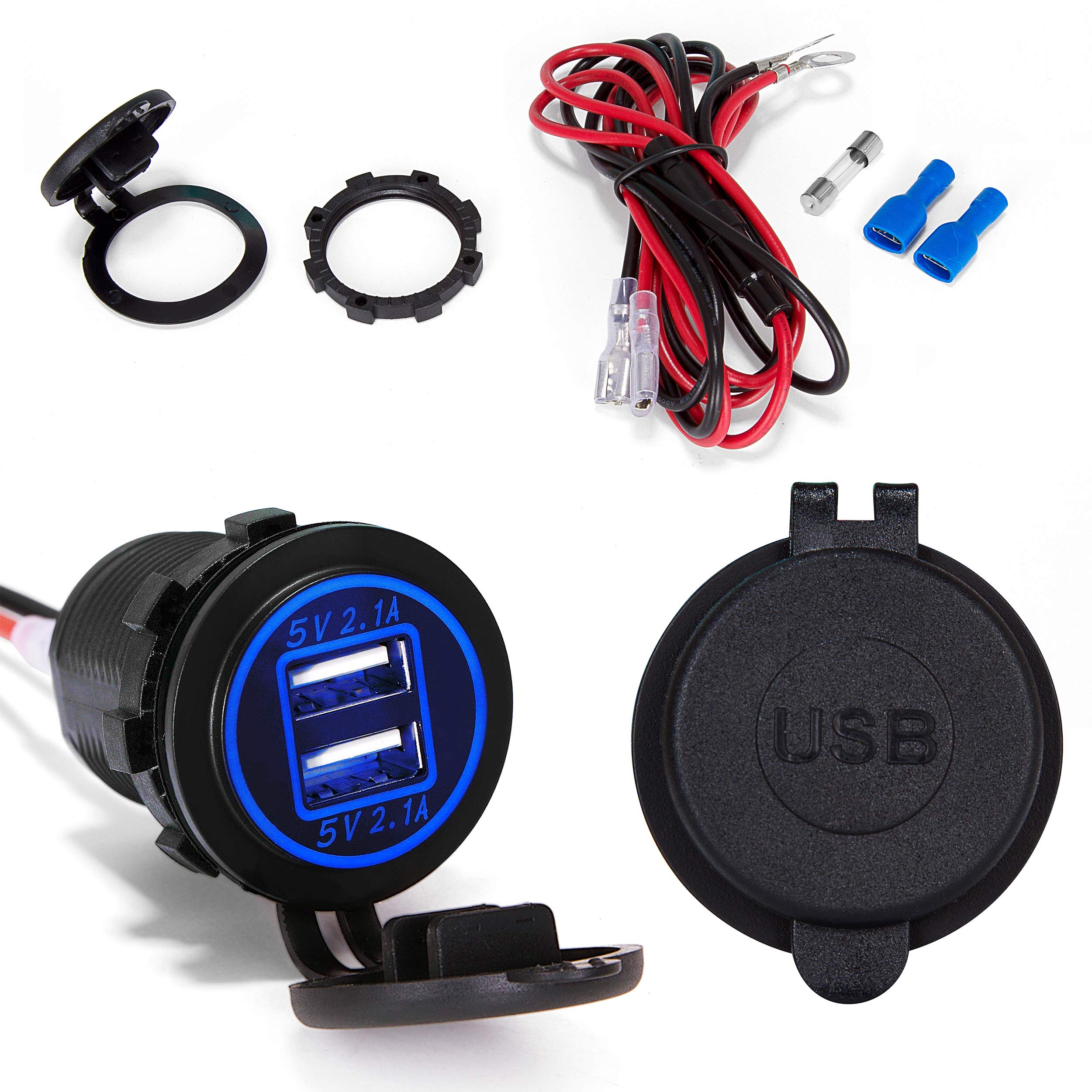 Ginsco Dual USB Charger Socket Power Outlet 2.1A & 2.1A(4.2A) for Car Boat Marine RV Mobile with Wire Fuse DIY Kit Blue LED