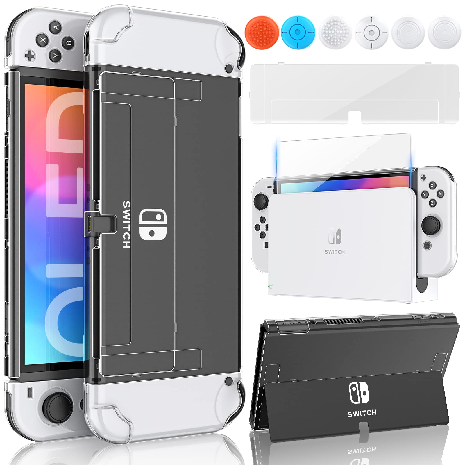 HEYSTOP Switch OLED Case Protector Compatible with Nintendo Switch OLED Model, Removable Hard PC Shell Dockable Switch OLED Protective Case Accessories with Screen Protector & Thumb Grip Caps, Clear