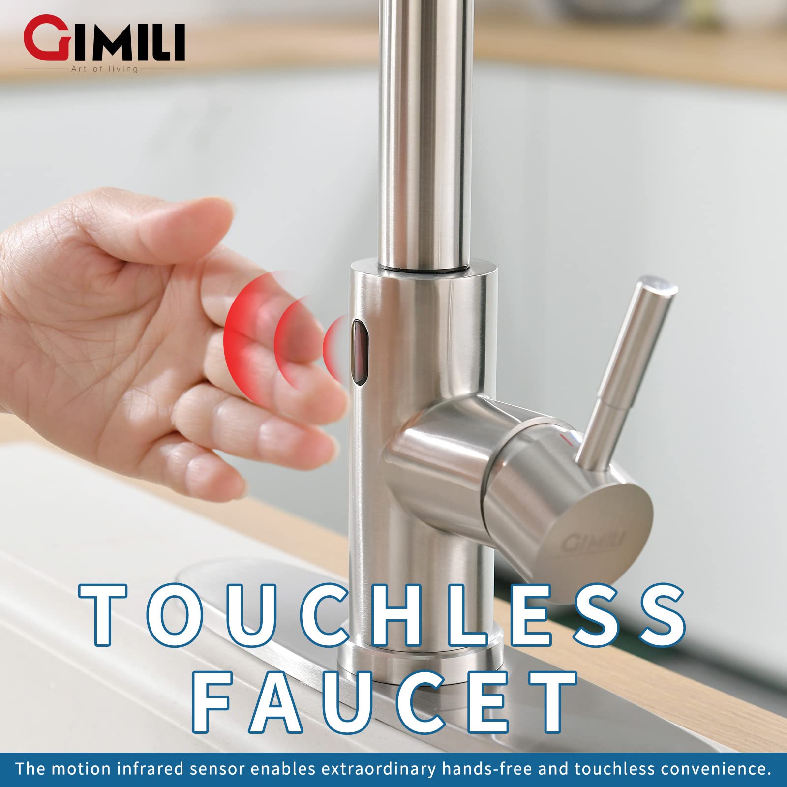 GIMILI Touchless Kitchen Faucet with Pull Down Sprayer Motion Sensor Smart Activated Hands Free Single Handle Spring Brushed Nickel Kitchen Sink Faucet