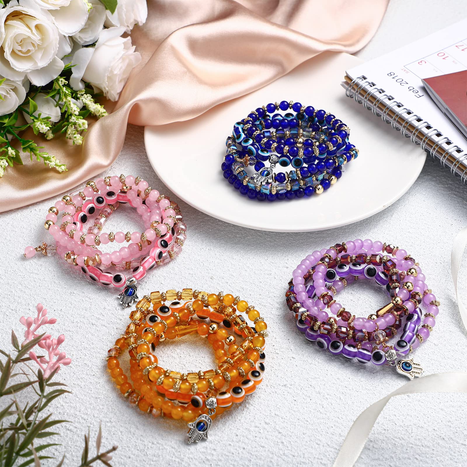 Kingdder 4 Sets Evil Eye Bracelet Multilayer Evil Eye Hamsa Hand Bracelet Lucky Evil Eye Bracelet Stackable Stretch Beads Bracelets Multicolor Crystal Beaded Lucky Protection Strand Bracelet Set