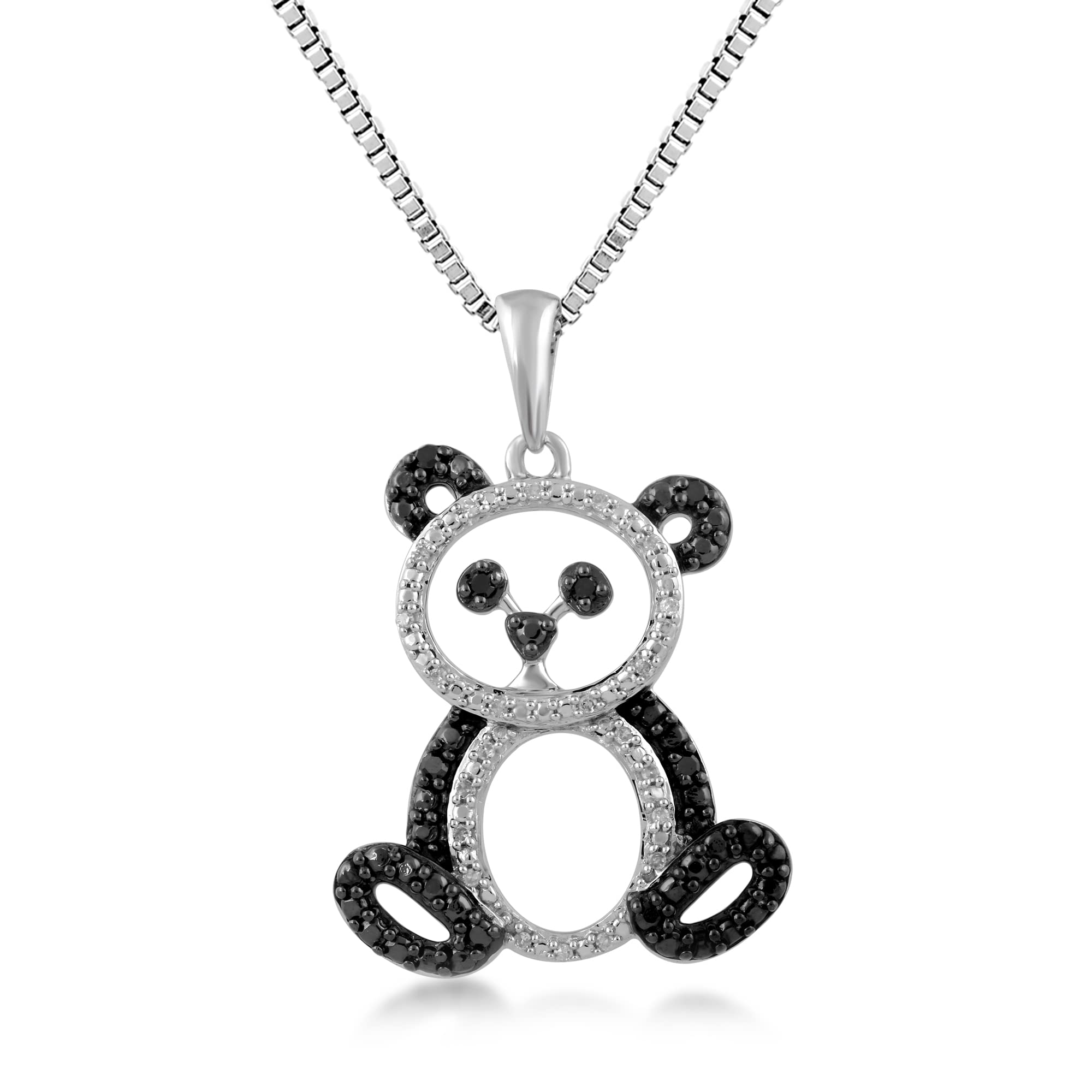 Jewelili Sterling Silver 1/10 Cttw Treated Black and Natural White Round Diamond Panda Pendant Necklace, 18" Box Chain
