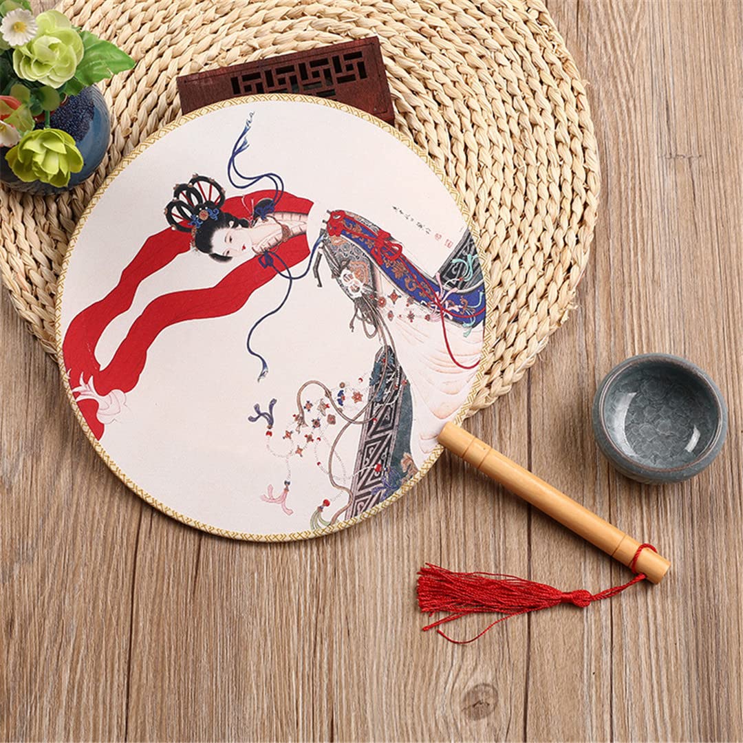 Lmtossey Single-Sided Silk Cloth Printing Chinese Style Round Fan with Wooden Handle Portable Printed Vintage Fan Dance Round Fan