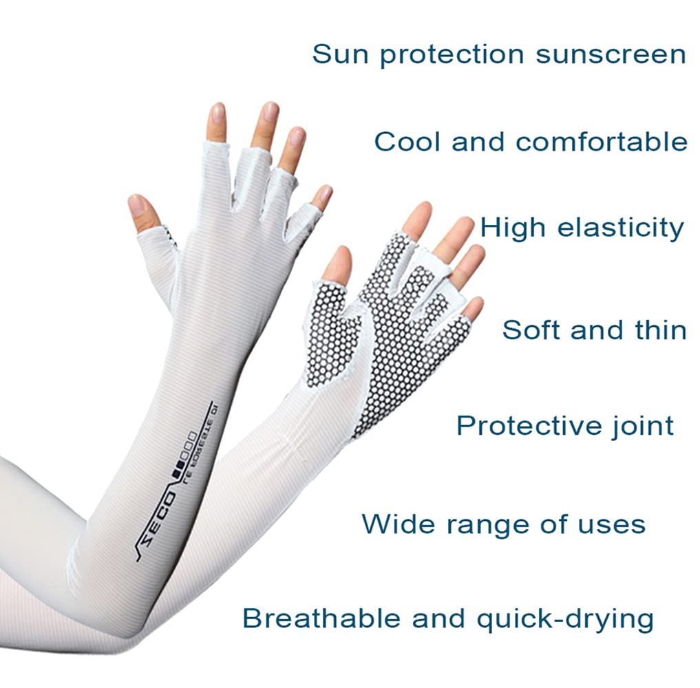HODORPOWER UV Protection Gloved Arm Sleeves for Men & Women Cycling Ice Arm Sleeve Fingerless Sun Compression Long Arm Cover, White, One Size