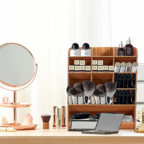 ShellKingdom Wooden Desk Organizer, Desktop Stationery Holder for Pen Pencil Markers, Makeup Brushes, Lipsticks Storage, with 13 Compartments for Home Office School