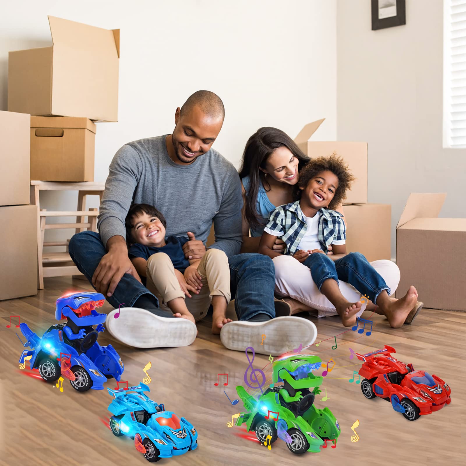INLAIER Transforming Dinosaur Toys, 2 in 1 Automatic Transforming Dinosaur Car with LED Light and Music Transform Dino Car for Kids Christmas Birthday Gifts (Red)