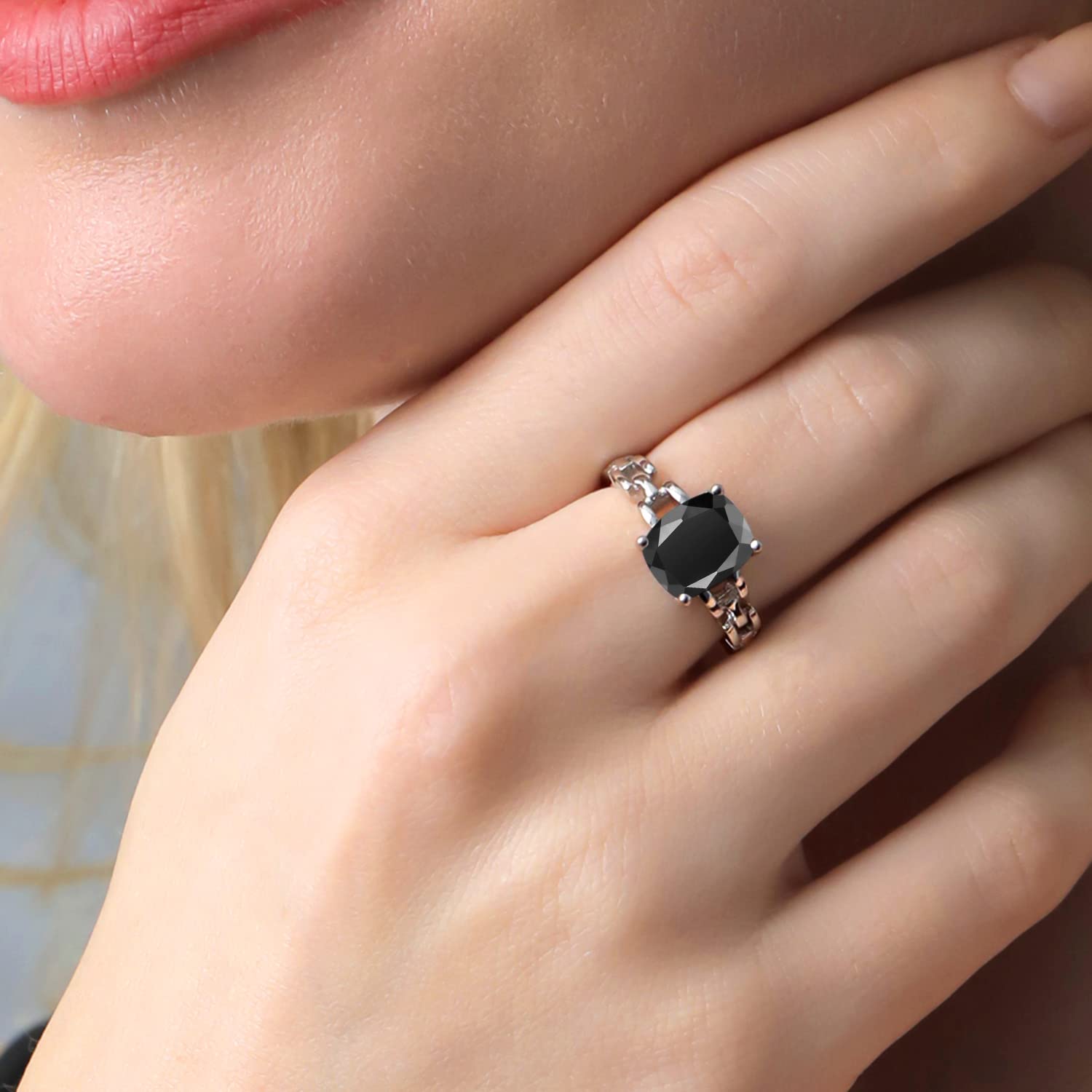 Gem Stone King 925 Sterling Silver Black Onyx Link Style Solitaire Engagement Ring For Women (2.73 Cttw, Cushion Cut 10X8MM, Gemstone Birthstone, Available in size 5, 6, 7, 8, 9)