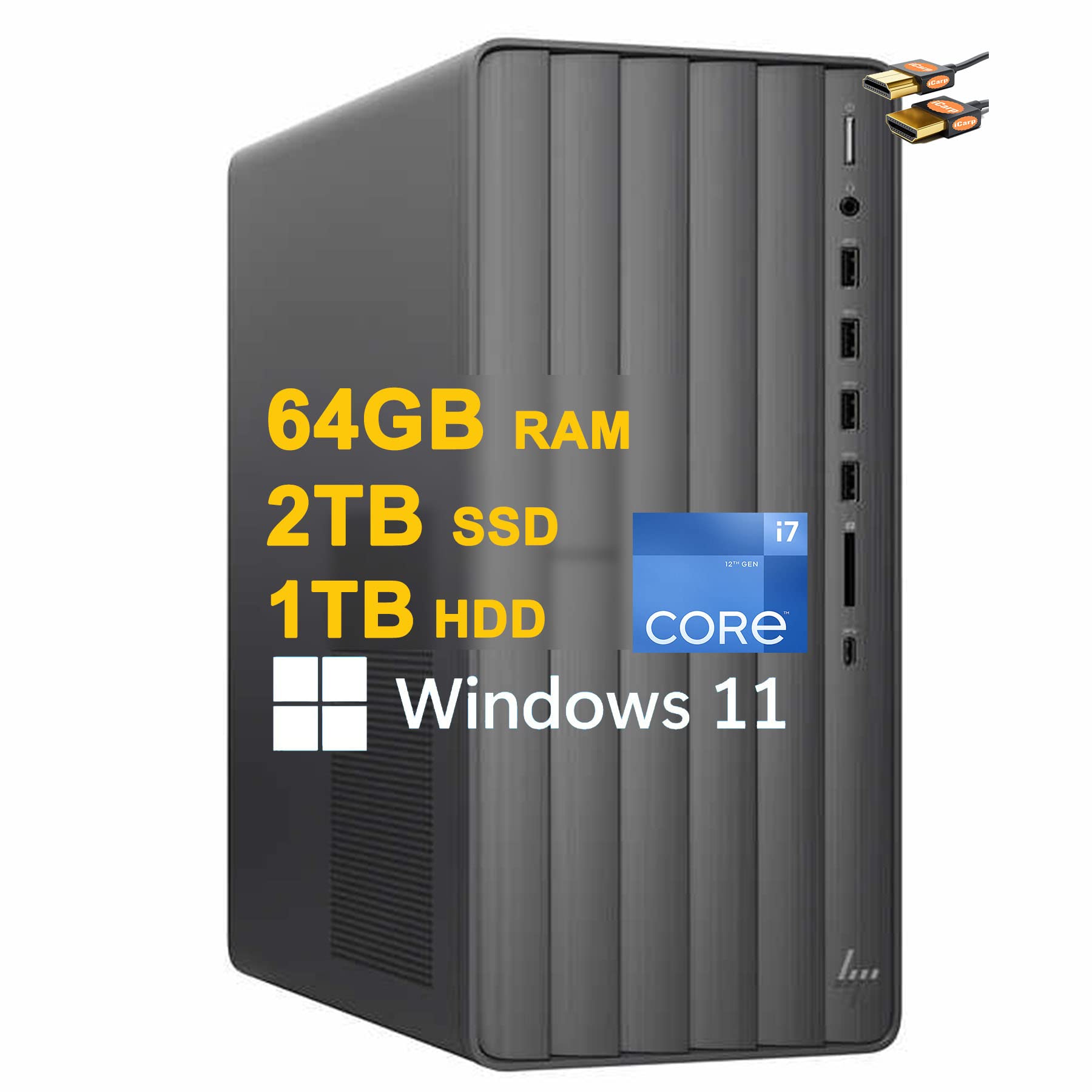HP Envy Business Tower Desktop Computer 12th Generation Intel 12-Core i7-12700 Processor 64GB RAM 2TB SSD + 1TB HDD Intel UHD Graphics 770 USB-C SuperSpeed USB VGA Bluetooth Win11 Black + HDMI Cable