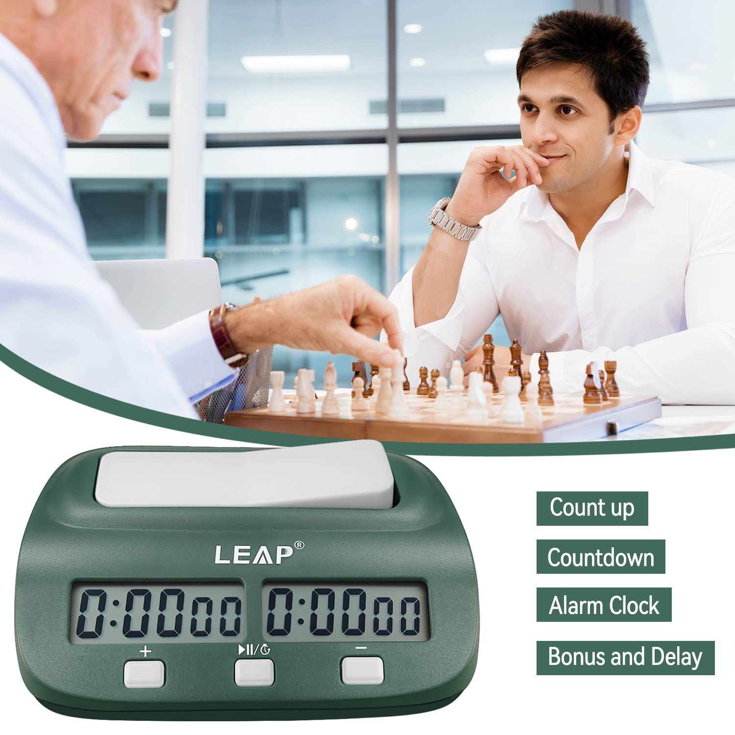 LEAP Digital Chess Clock Timer with Bonus and Delayed Time Features Chess Timer for Chess Game I-GO and Chinese Chess (Blackish Green)
