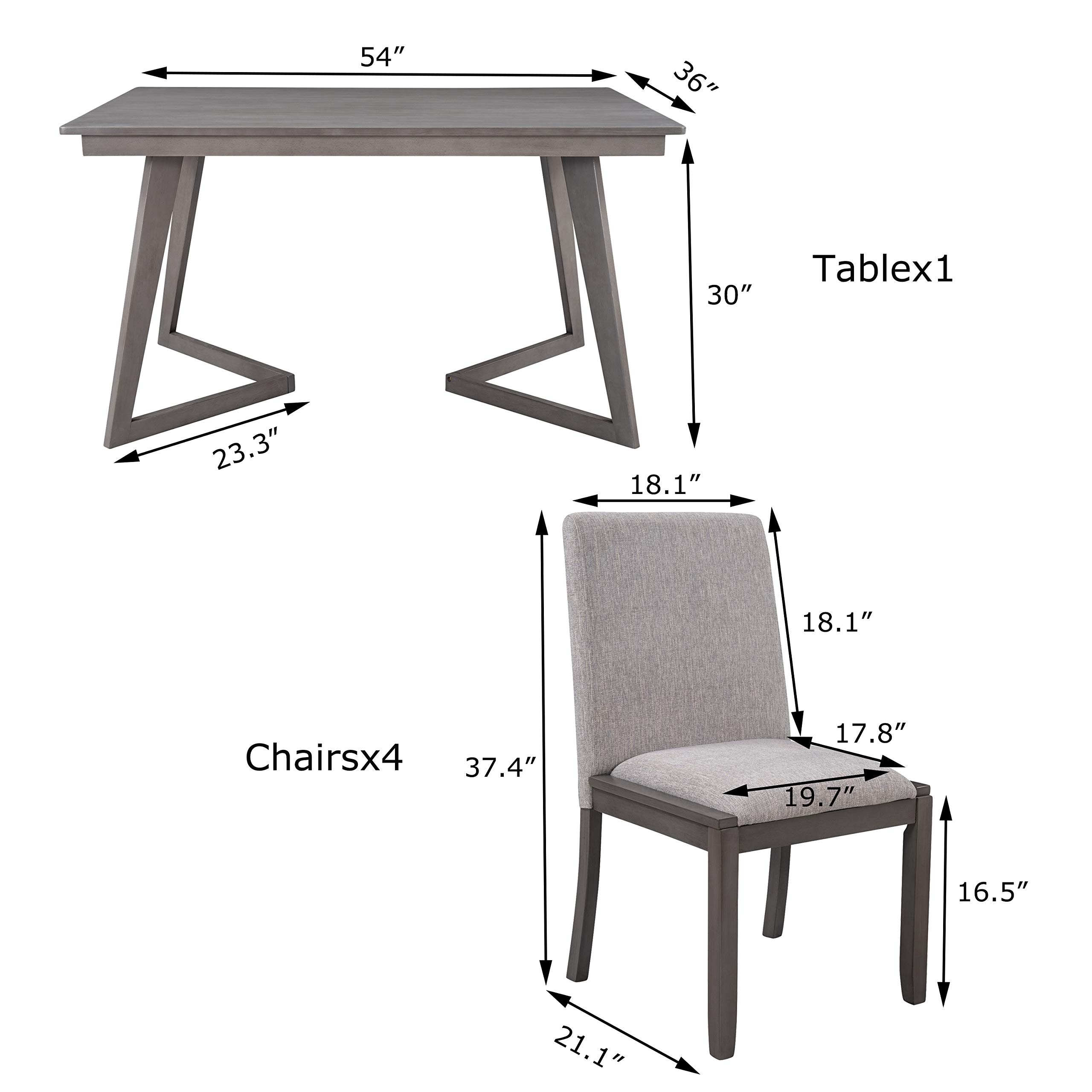 GLORHOME 5-Piece Family Wood Dining Table Set for 4, Farmhouse Rustic Style Kitchen Furniture with Linen Fabric Chairs, Gray