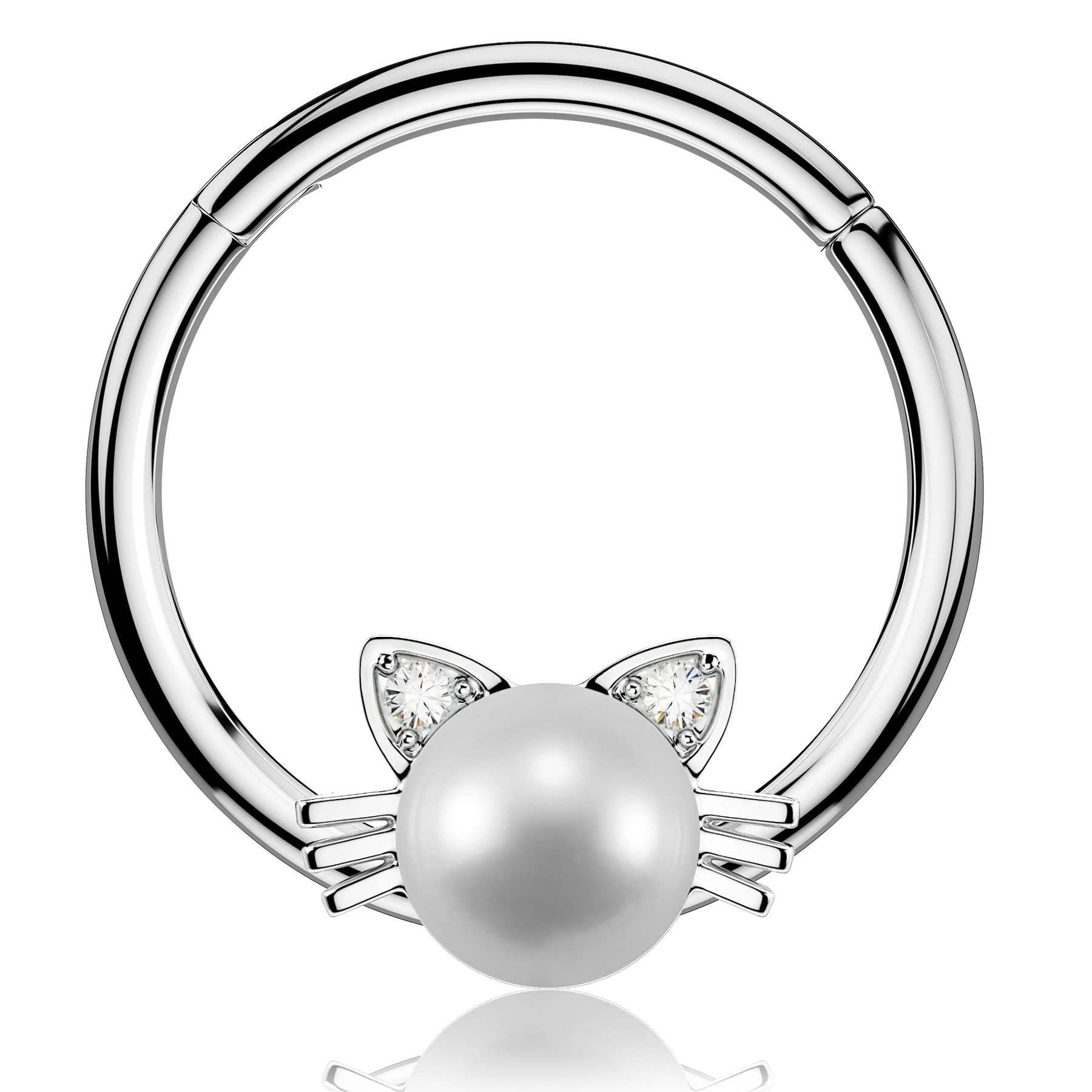 Jewseen Septum Ring 16G Hinged Segment Ring 316L Stainless Steel Helix Earring Cute Cat Pearl Daith Earring Tragus Nose Ring Hoop Piercing Jewelry