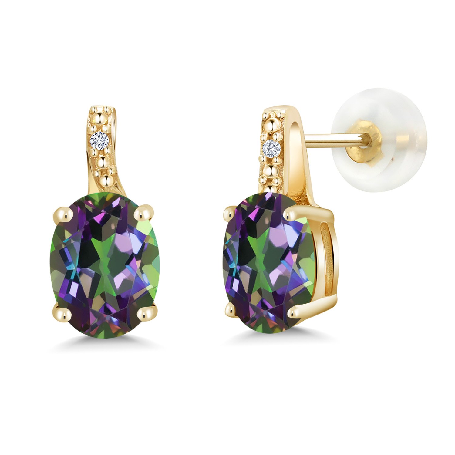 Gem Stone King 10K Yellow Gold 8X6MM Oval Gemstone Birthstone and White Diamond Earrings | Gold Earrings for Women