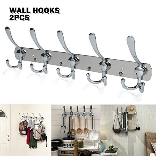 Hanger 2PCS 15 Hooks Stainless Steel Wall Mounted Hangers Rack Door Holder Rack Durable Robe Hat Clothes Hooks Kitchen Accessories, Hat Clothes Hooksa (Color : Silver)