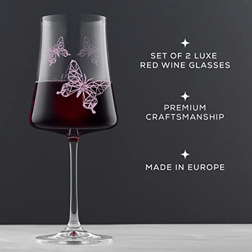 JoyJolt Meadow Butterfly Red Wine Glasses β Premium Red Wine Glasses Set of 2 β Exquisite Pink Butterfly Crystal Wine Glasses β 21oz Long Stem Unique Wine Glasses β Made in Europe