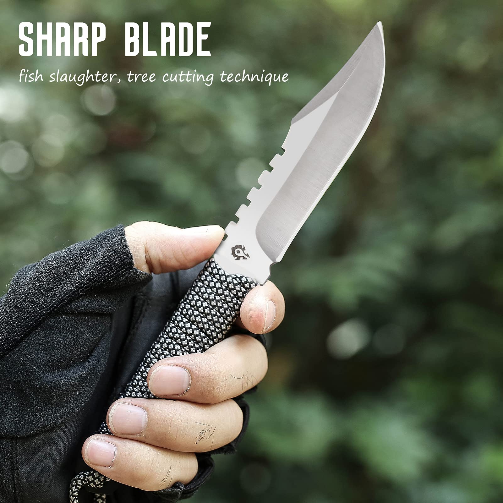 ITZH 8.3 inch Full-Tang Stainless Steel Fixed Knife with Cordage Grip Handle and Leather Sheath for Outdoor, Tactical, Survival and EDC Tactical Hunting Knife. (Silver)