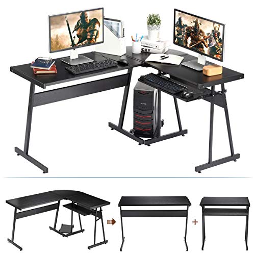 HEEYUE Computer Desk, L-Shaped Large Corner PC Laptop Study Table Workstation Gaming Writing Desk with Keyboard Tray for Home Office - Free CPU Stand - Wood & Metal - Black Wood Grain