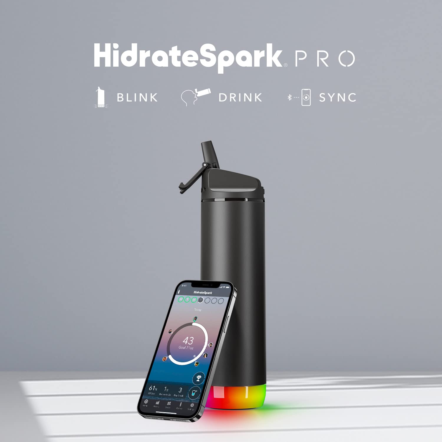 Hidrate Spark PRO Smart Water Bottle β Tracks Water Intake with Bluetooth, LED Glow Reminder When You Need to Drink β Straw Lid, 21oz, Black